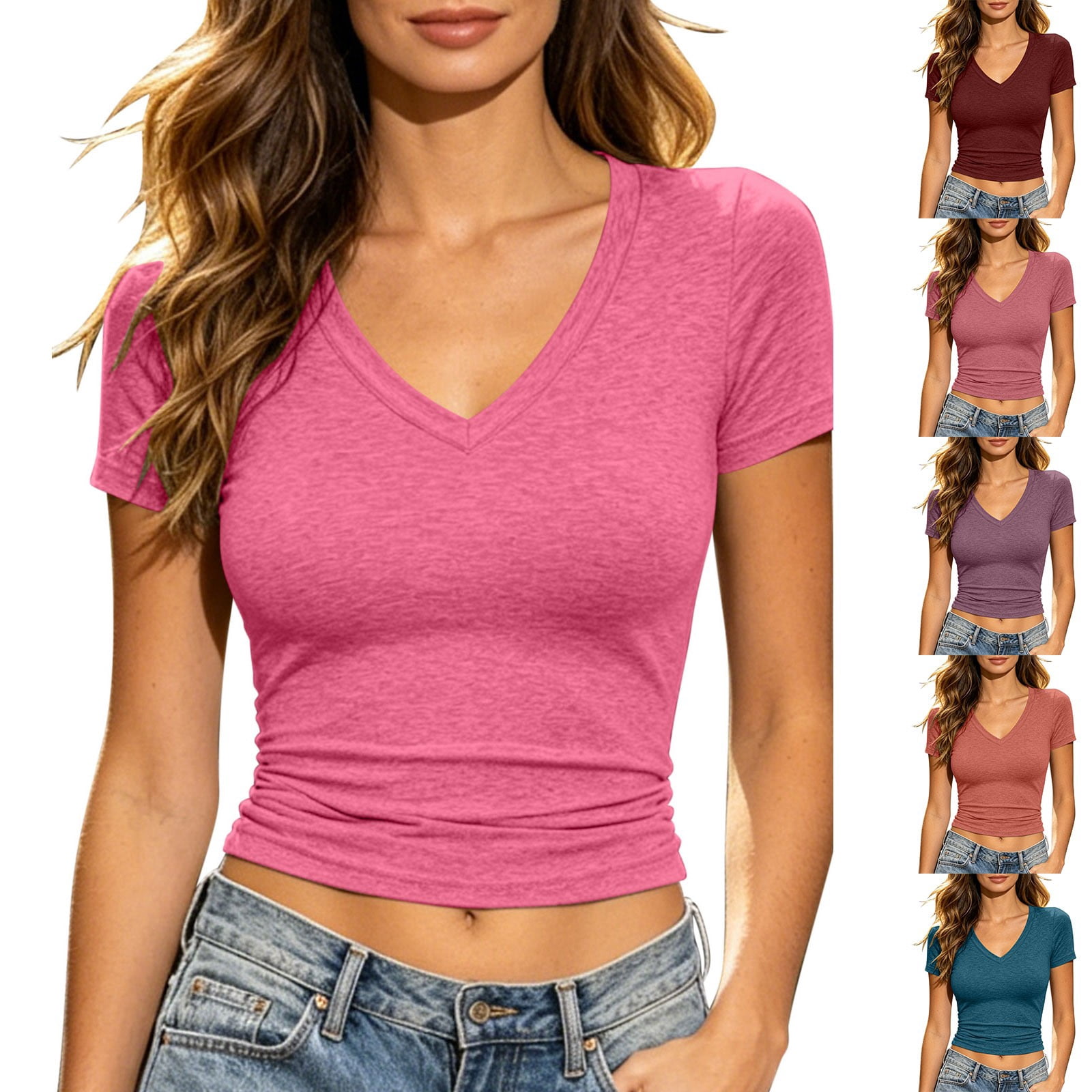 Stamzod Womens T Shirts Summer V-Neck Short Sleeve Crop Tops Trendy ...