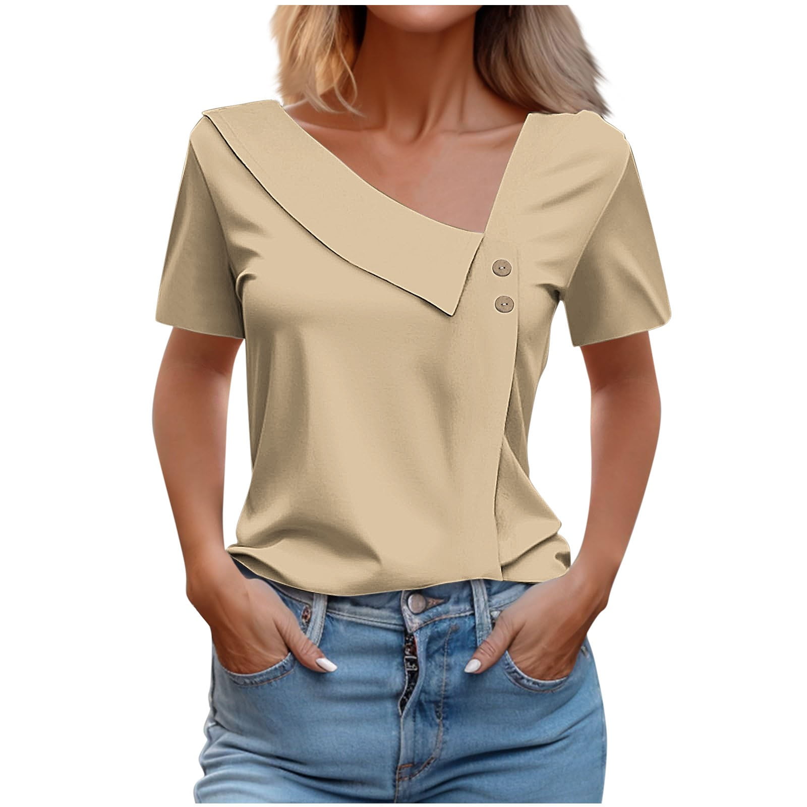 Maplenight Womens Tops Casual V Neck Short Sleeve Solid Color Basic ...