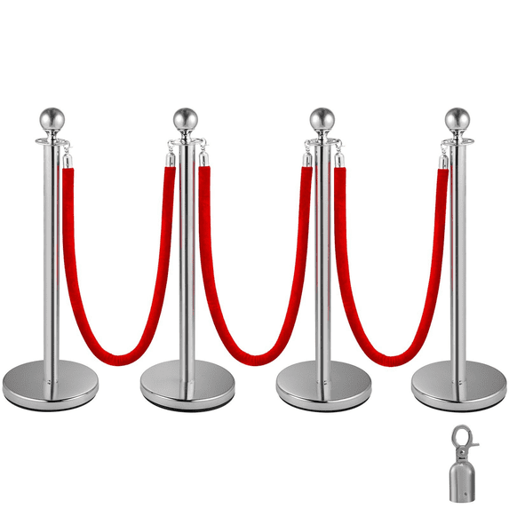 Stanchion Posts Queue, Red Velvet Rope (3), Silver - 4 Pack Crowd ...