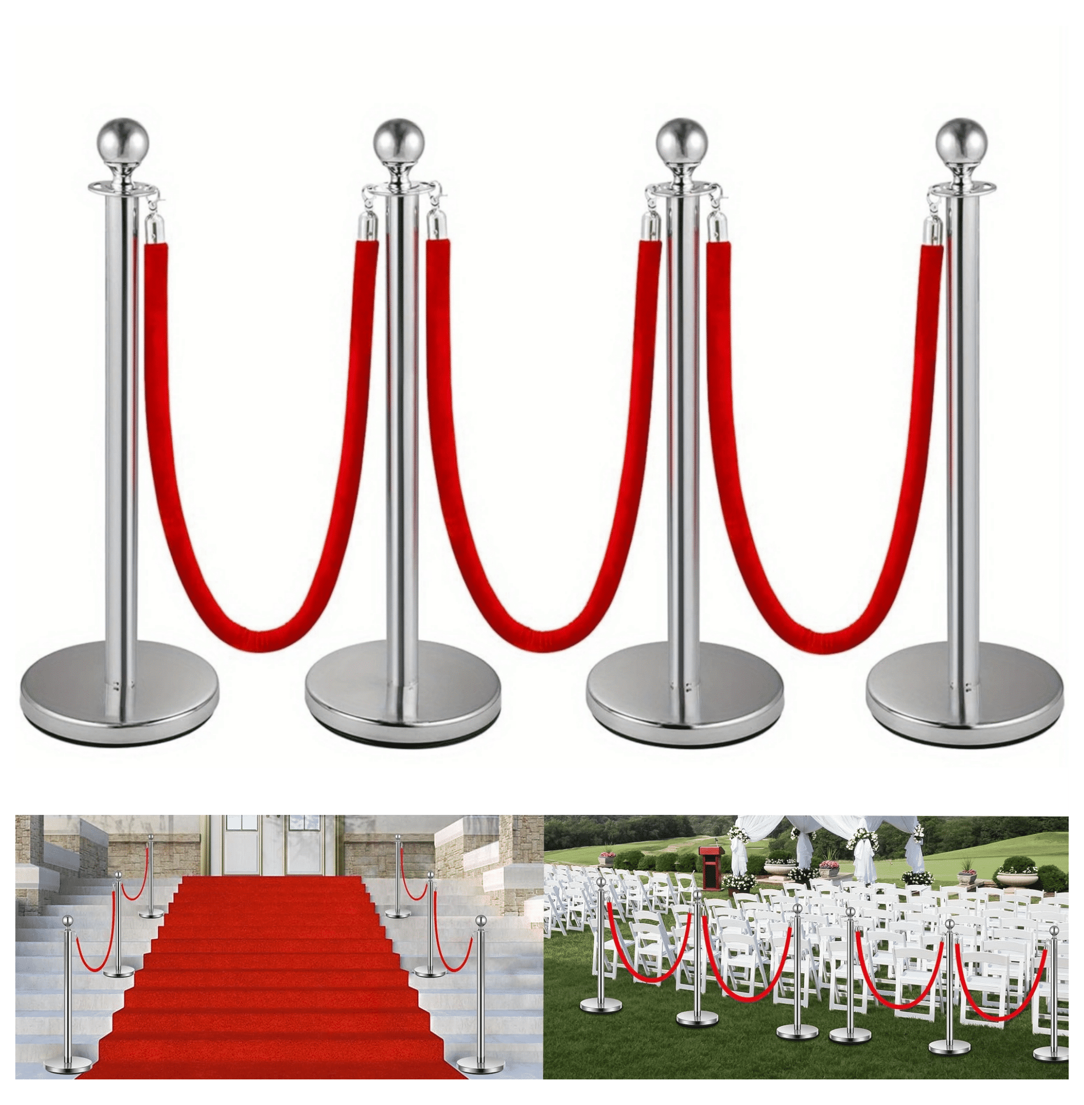 Stanchions and Ropes 4Pcs,5 ft Red Rope Red Carpet Ropes and Poles ...