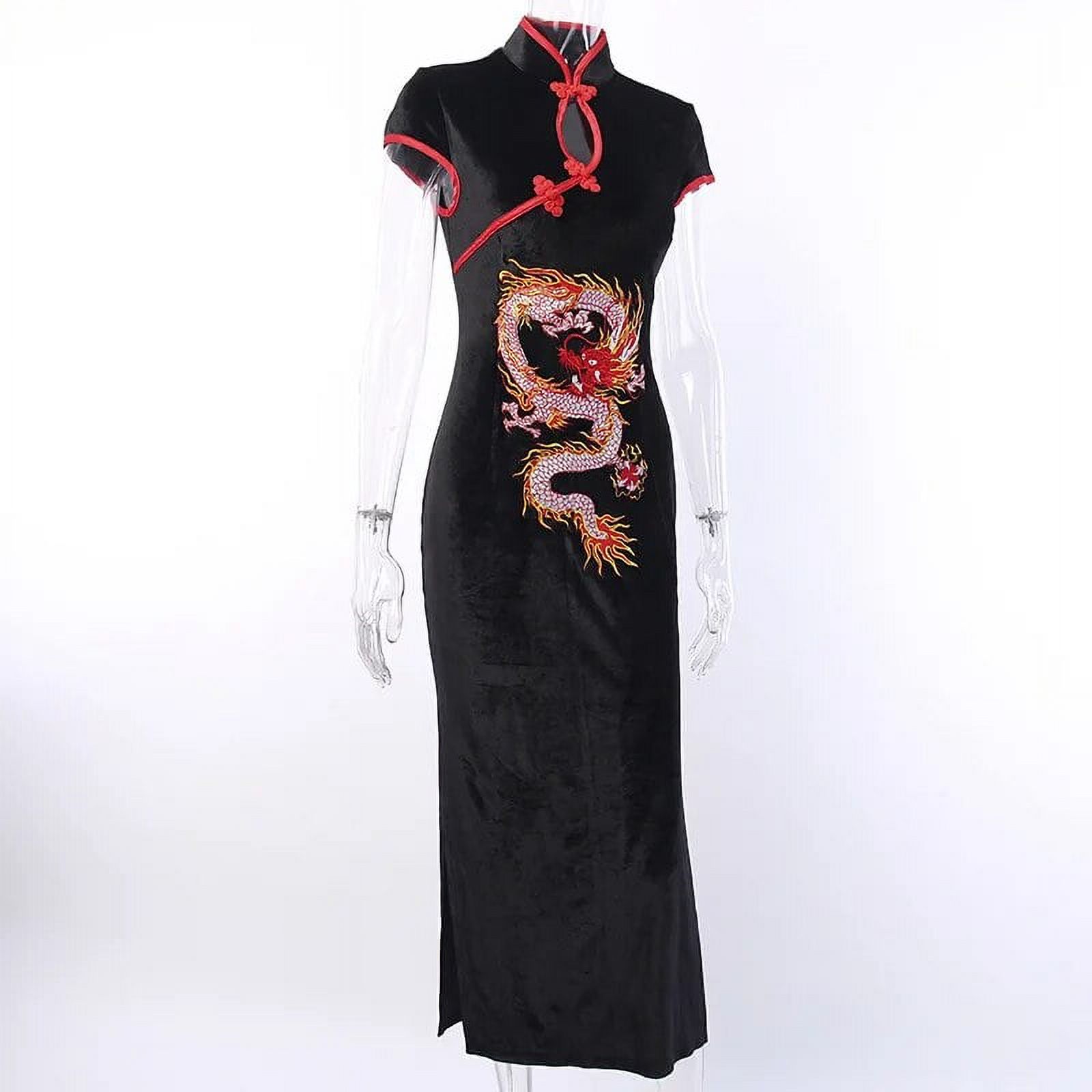 Stand Collar Gothic Dress Emboridery Dragon Qipao Black/Red Vintage ...