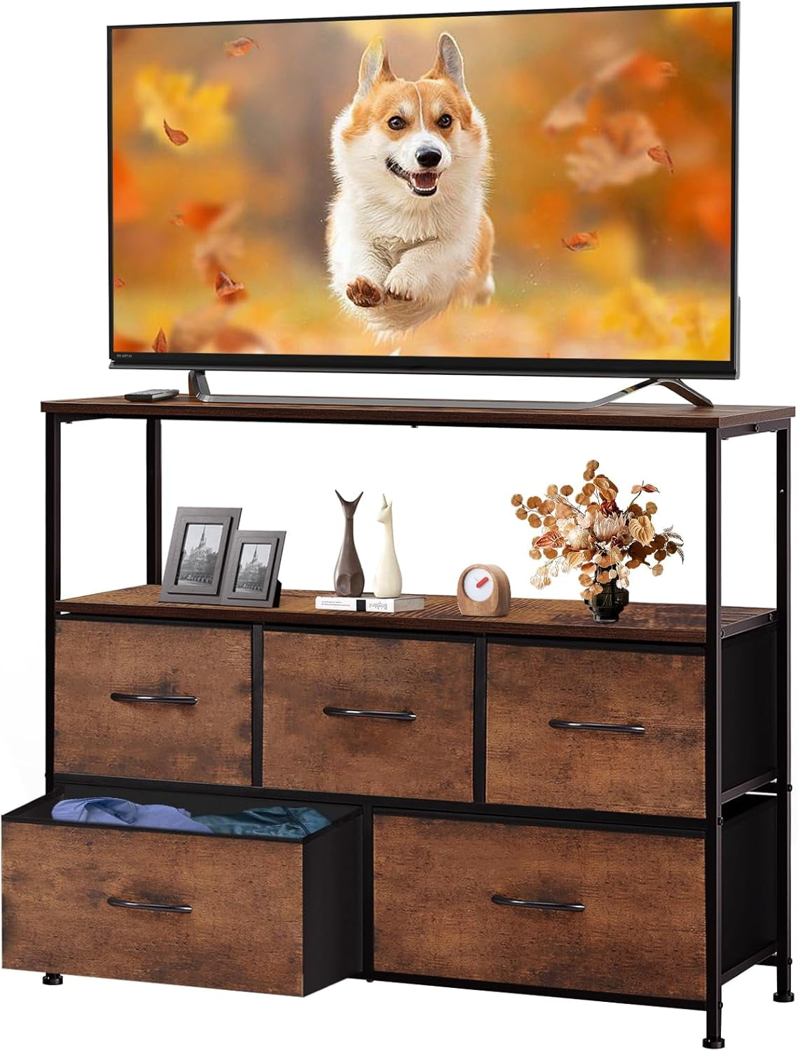 Stand Dresser with 5 Fabric Storage Drawers, Media Console Featuring ...