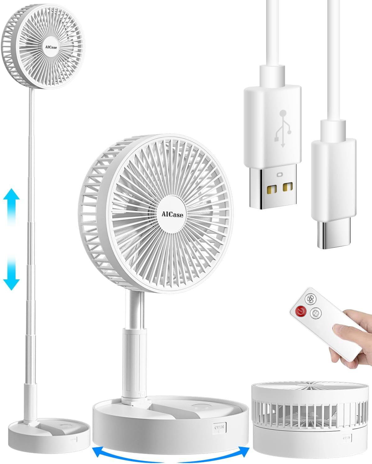 Stand Fan,Folding Portable Telescopic Floor/USB Desk Fan with 7200mAh ...