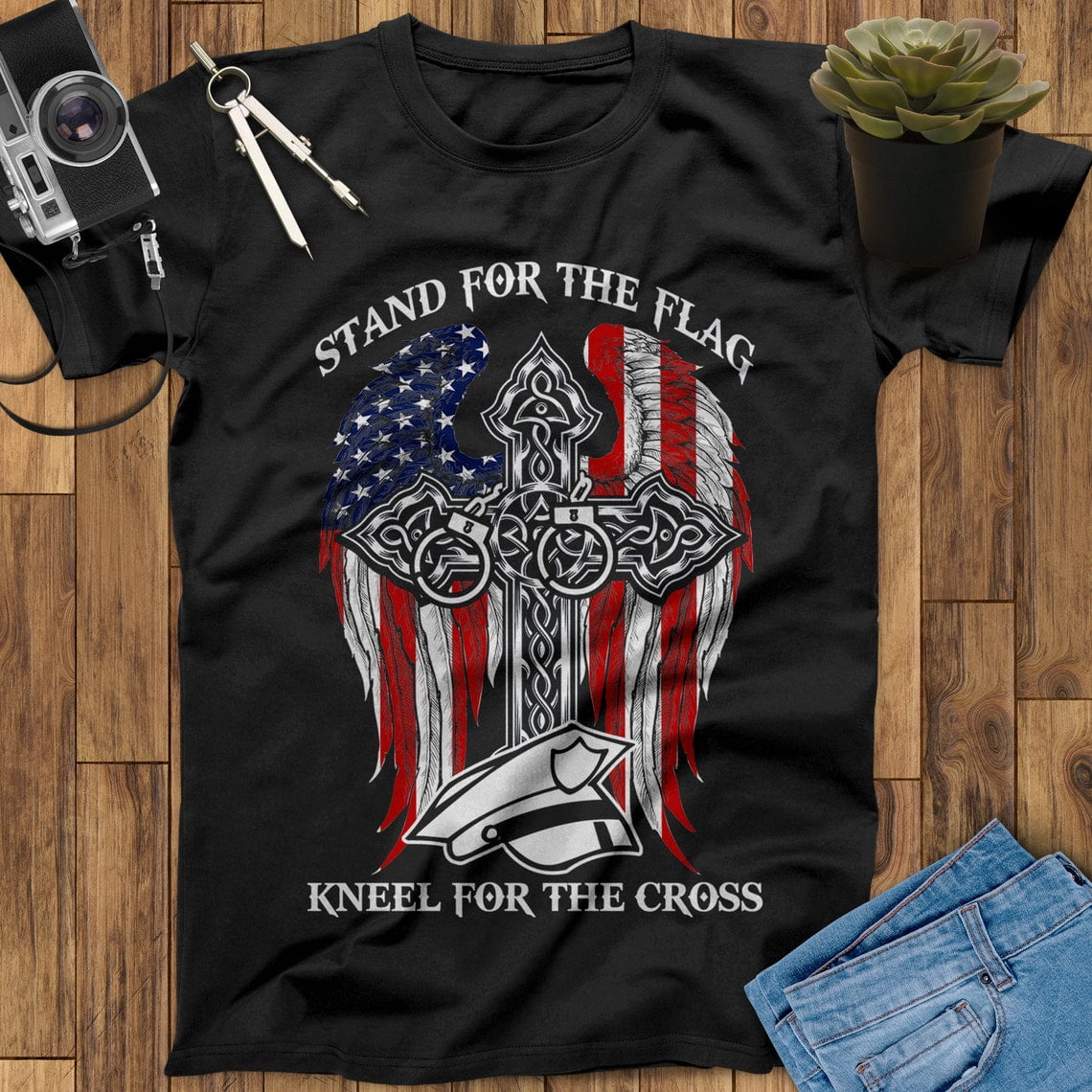 Stand For The Flag Kneel For The Cross Christian Flag Wings Police Shirt, Police Officer Gifts ...