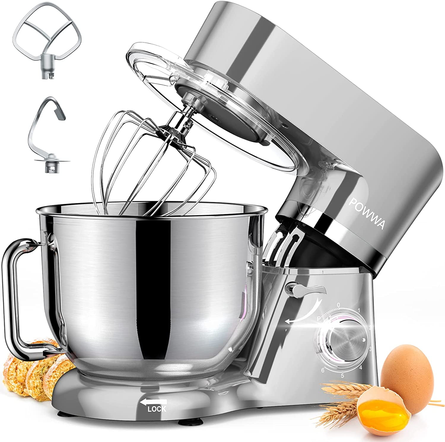 Stand Mixer, POWWA 6.5 Quart Electric Mixer, 6+1 Speed 660W Tilt-Head ...