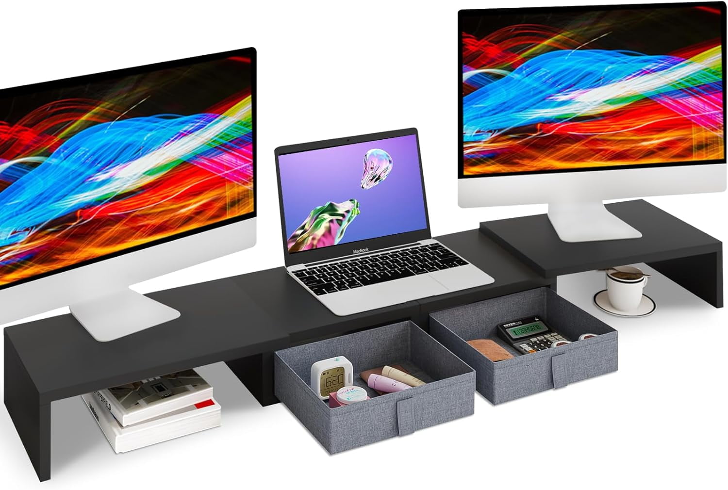 Stand Riser with Drawers-Length and Angle Adjustable Triple Monitor ...