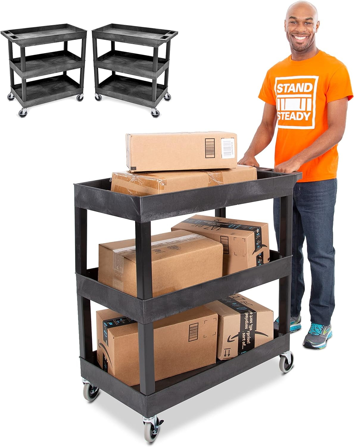 Stand Steady Tubstr 3 Shelf Utility Push Cart 2 Pack, Each Supports Up ...