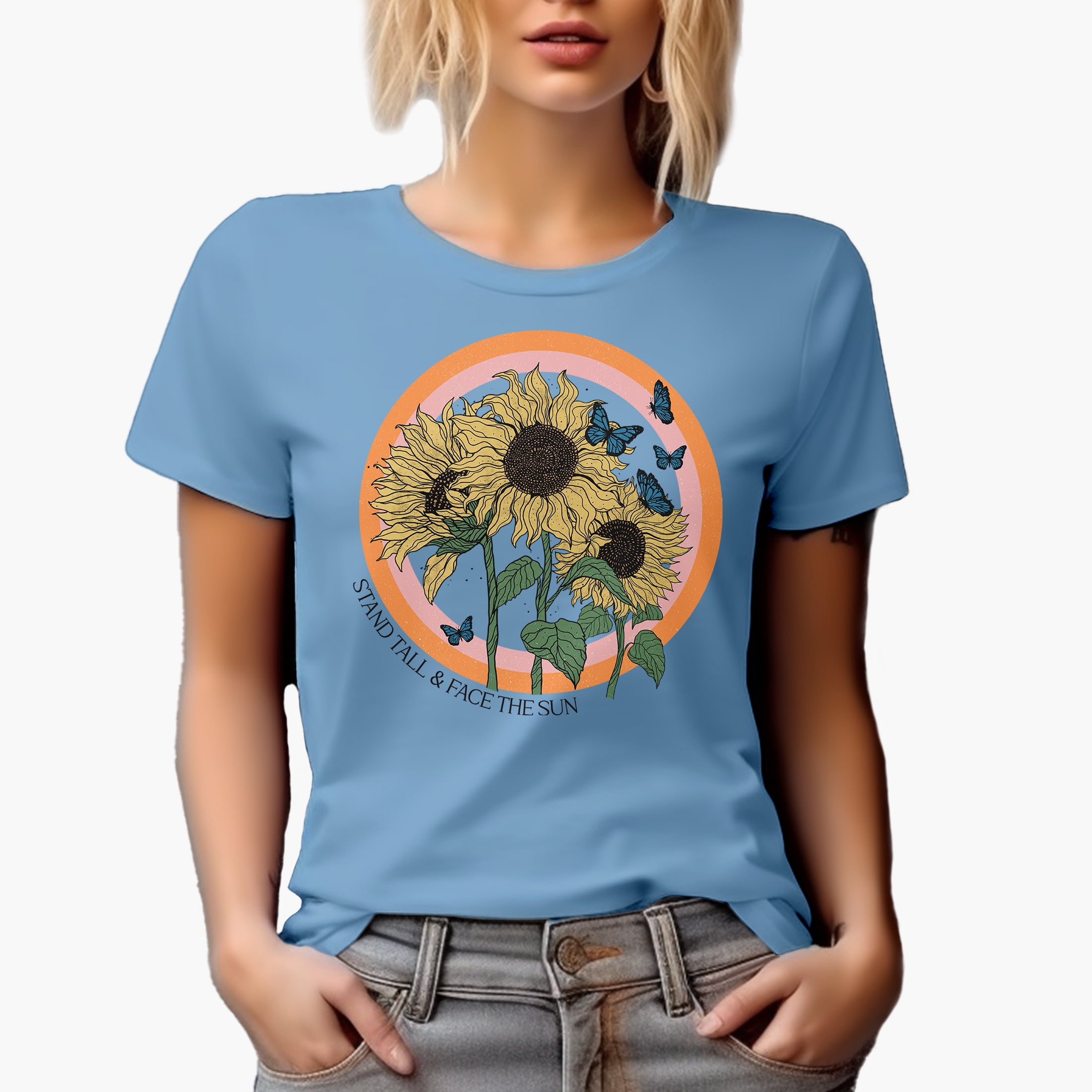 Stand Tall & Face the Sun with Retro Sunflower & Butterfly Art Merch ...