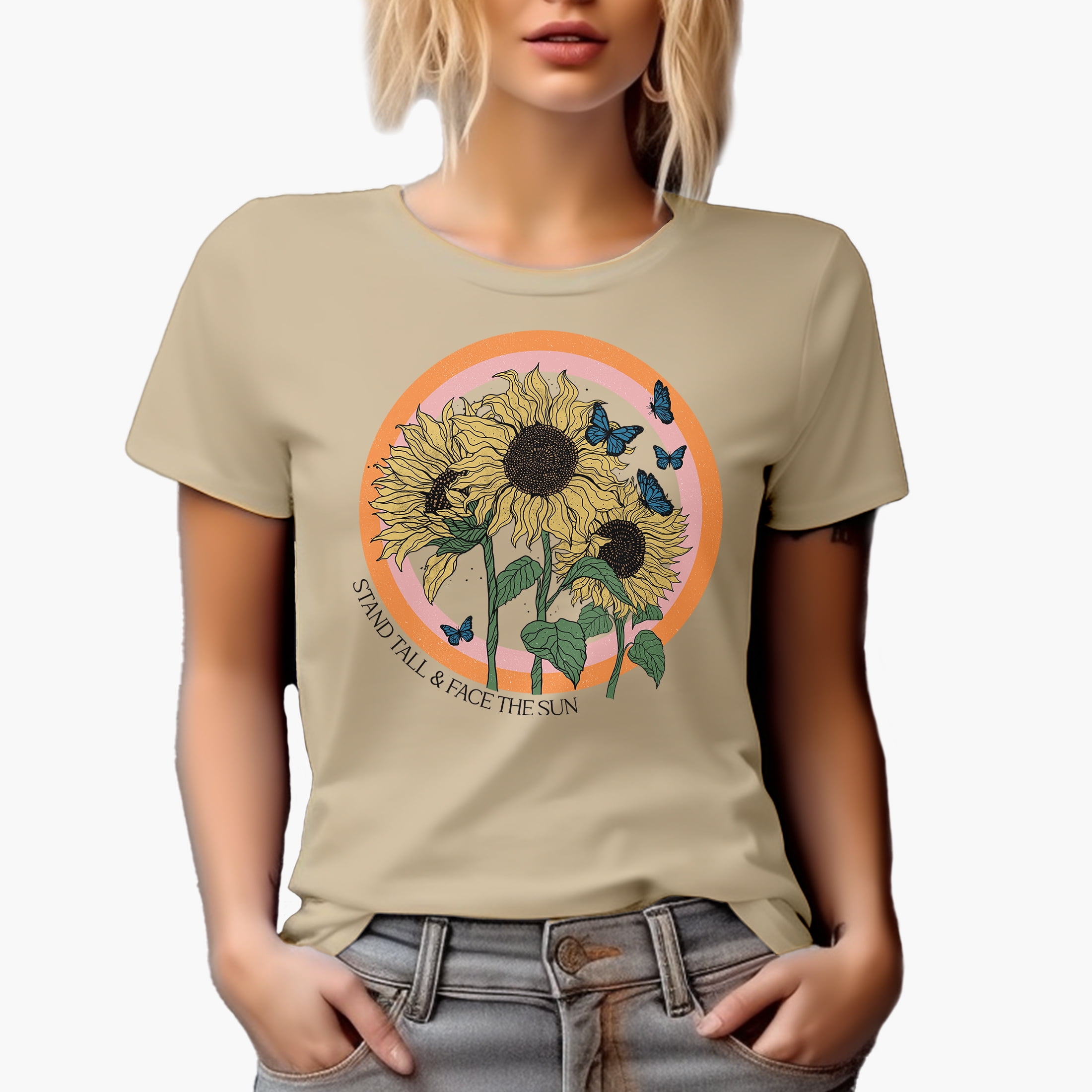 Stand Tall & Face the Sun with Retro Sunflower & Butterfly Art Merch ...