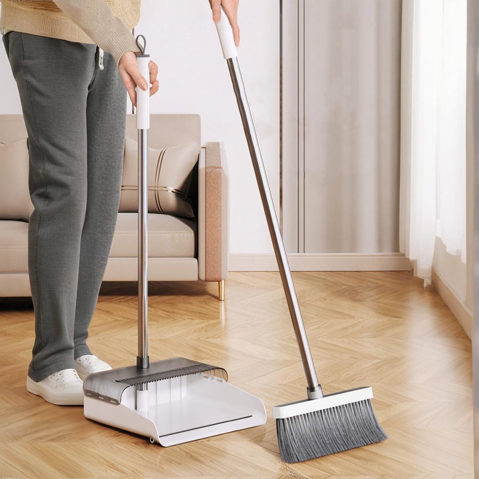Stand-Up Broom & Dustpan Set - 36" Lightweight Plastic Broom with Self ...
