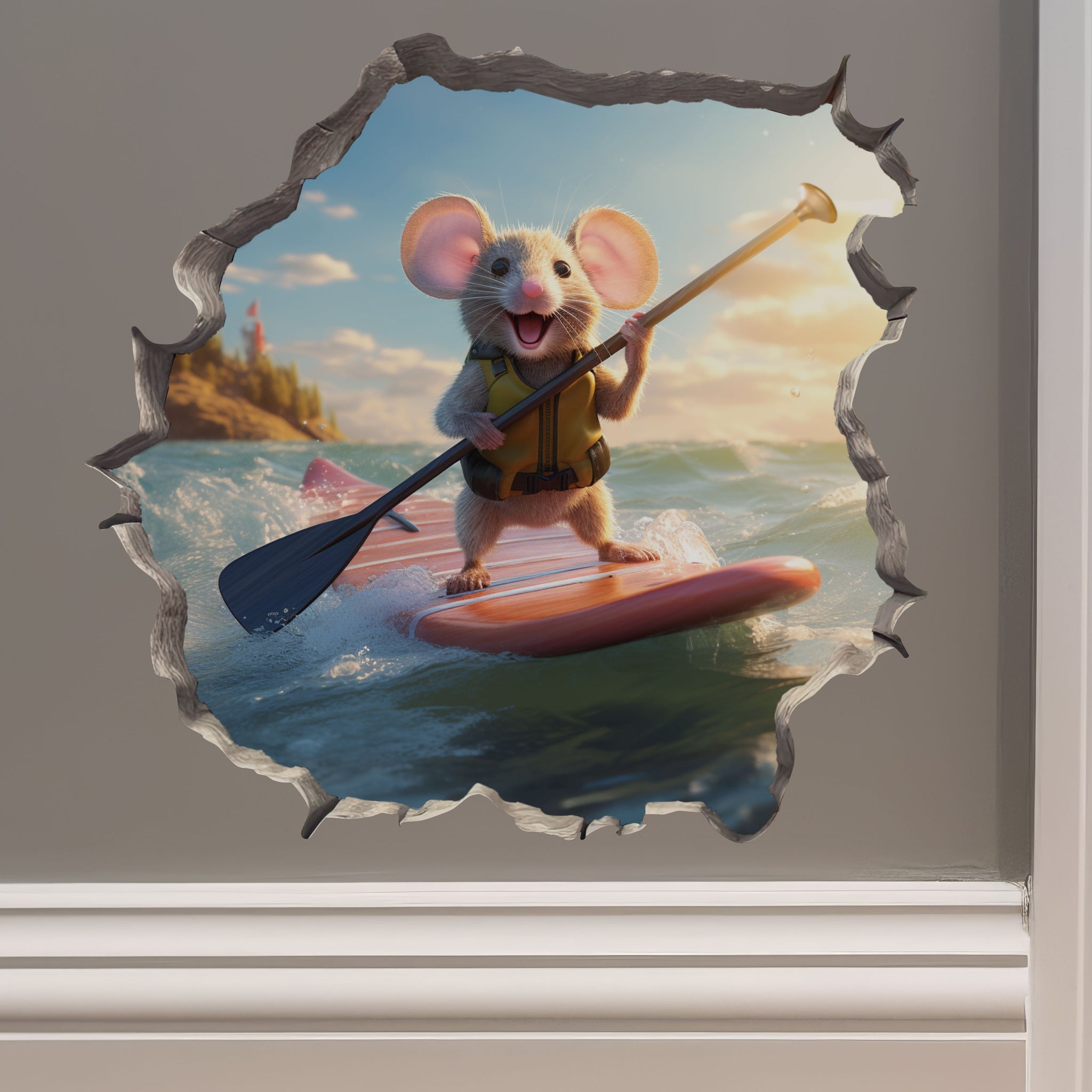 Stand-Up Paddleboard Mouse in Mouse Hole Decal - Mouse Hole 3D Wall ...