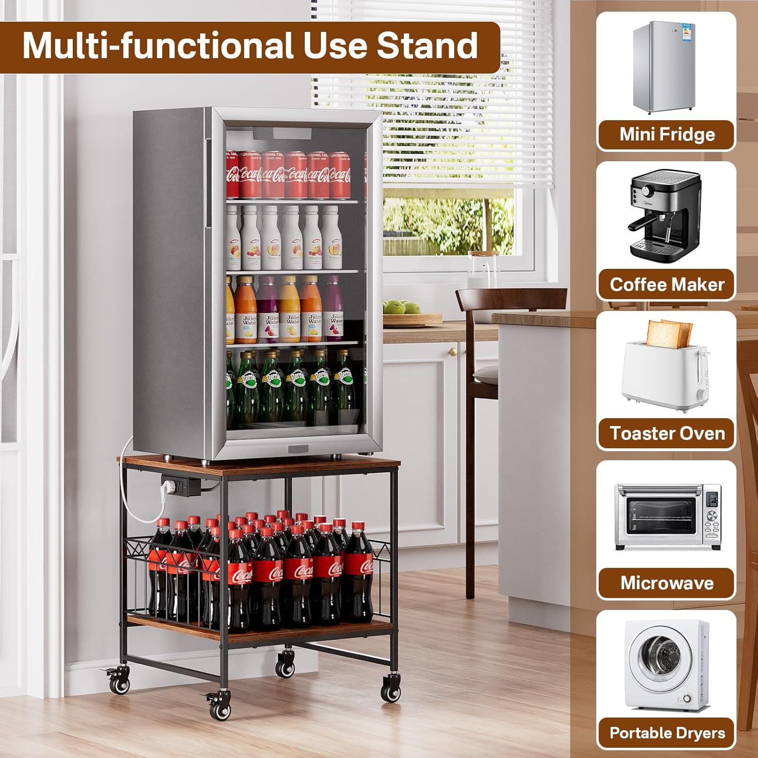 Stand for Fridge and Microwave - 220 LBS Capacity, with Wheels, Charging Station, USB Ports and ...