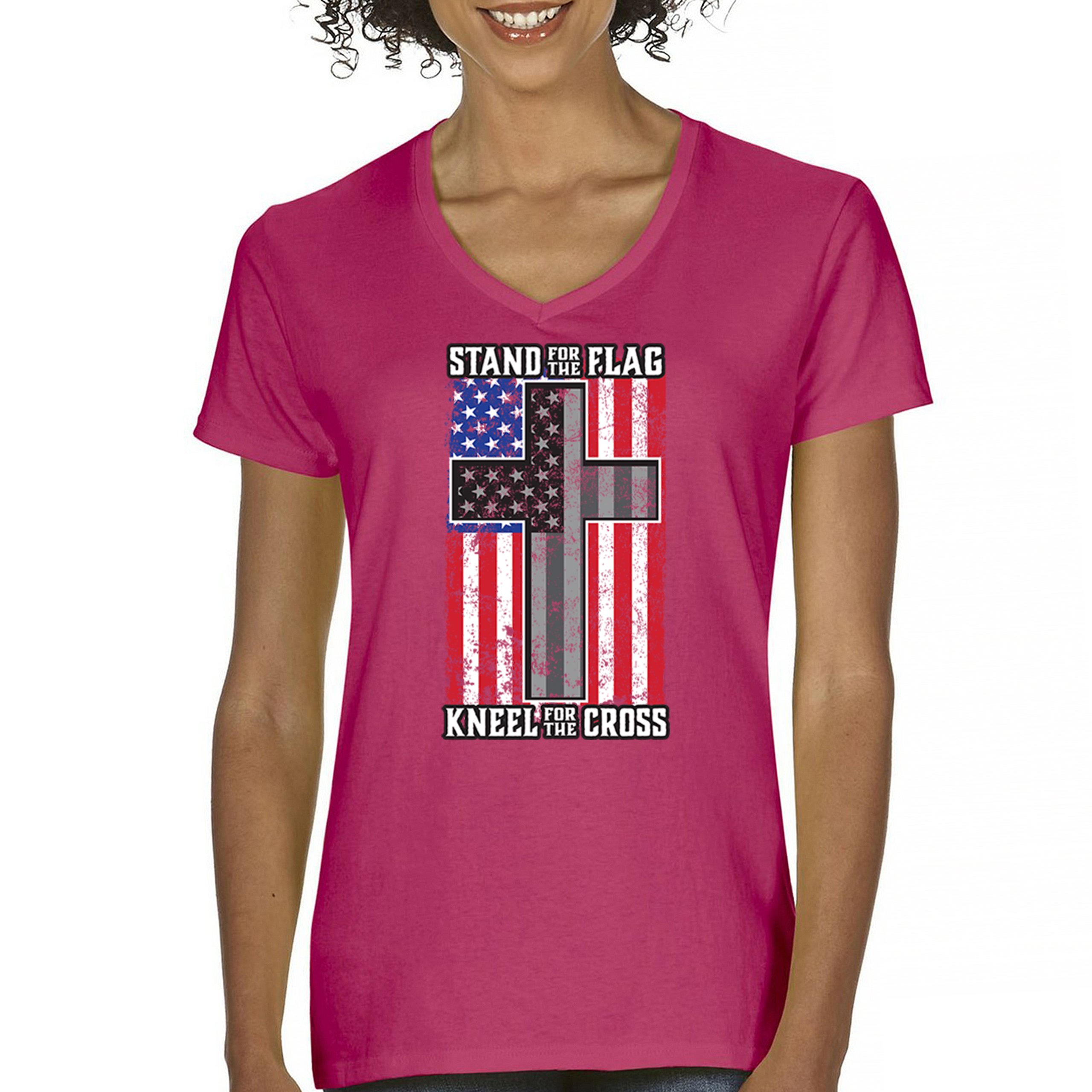 Stand for the Flag Kneel for the Cross Women's V-Neck T-shirt American ...