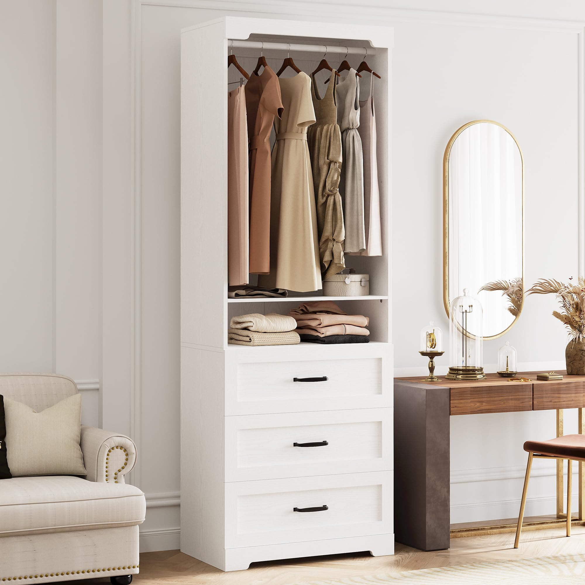 Standalone Closet System with 3 Wood Drawers, Space Saving Wardrobe ...