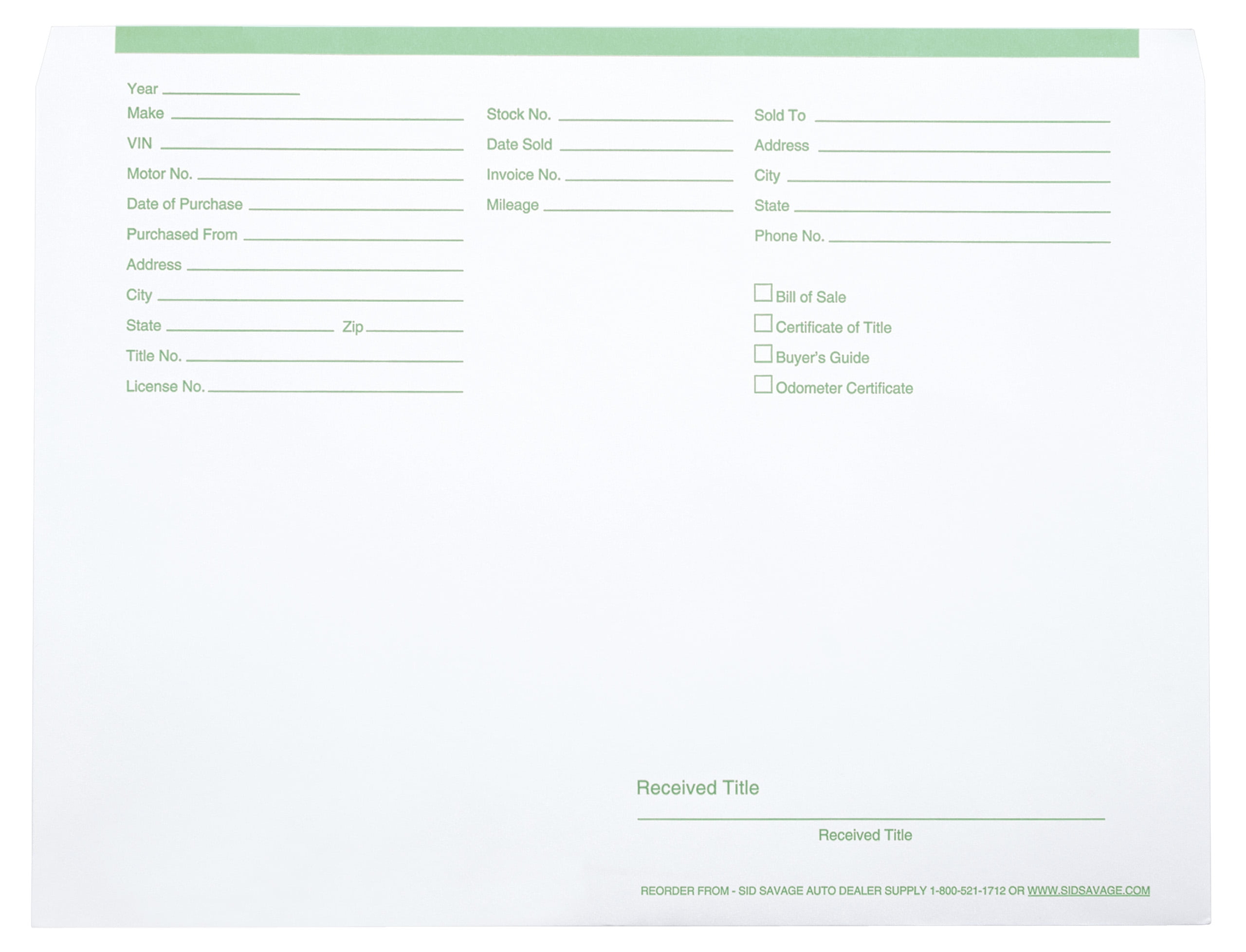 Standard Vehicle Deal Ticket - Green - 9"H x 12"W - Pack of 100 ...