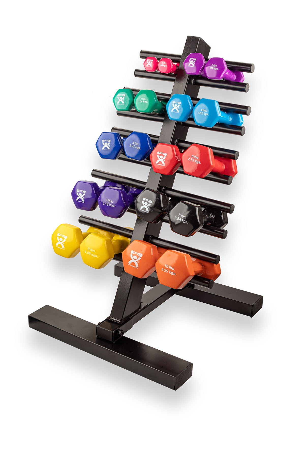 CanDo Vinyl Coated Dumbbell Sets, 1lb-10lb with Floor Rack, Anti-Roll ...