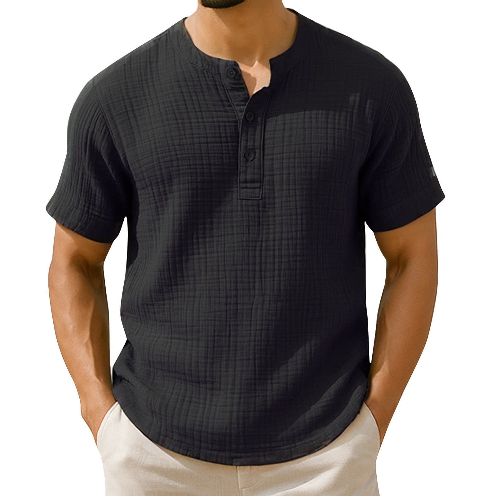 StandardMan Men's Summer Solid Color Wrinkle Texture Button Henry ...