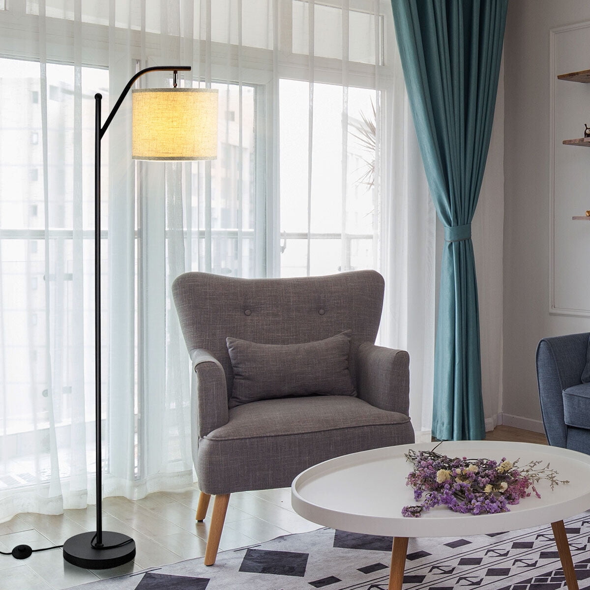 Standing Arc Light Modern Floor Lamp W/Fabric Hanging Lamp Shade Home ...