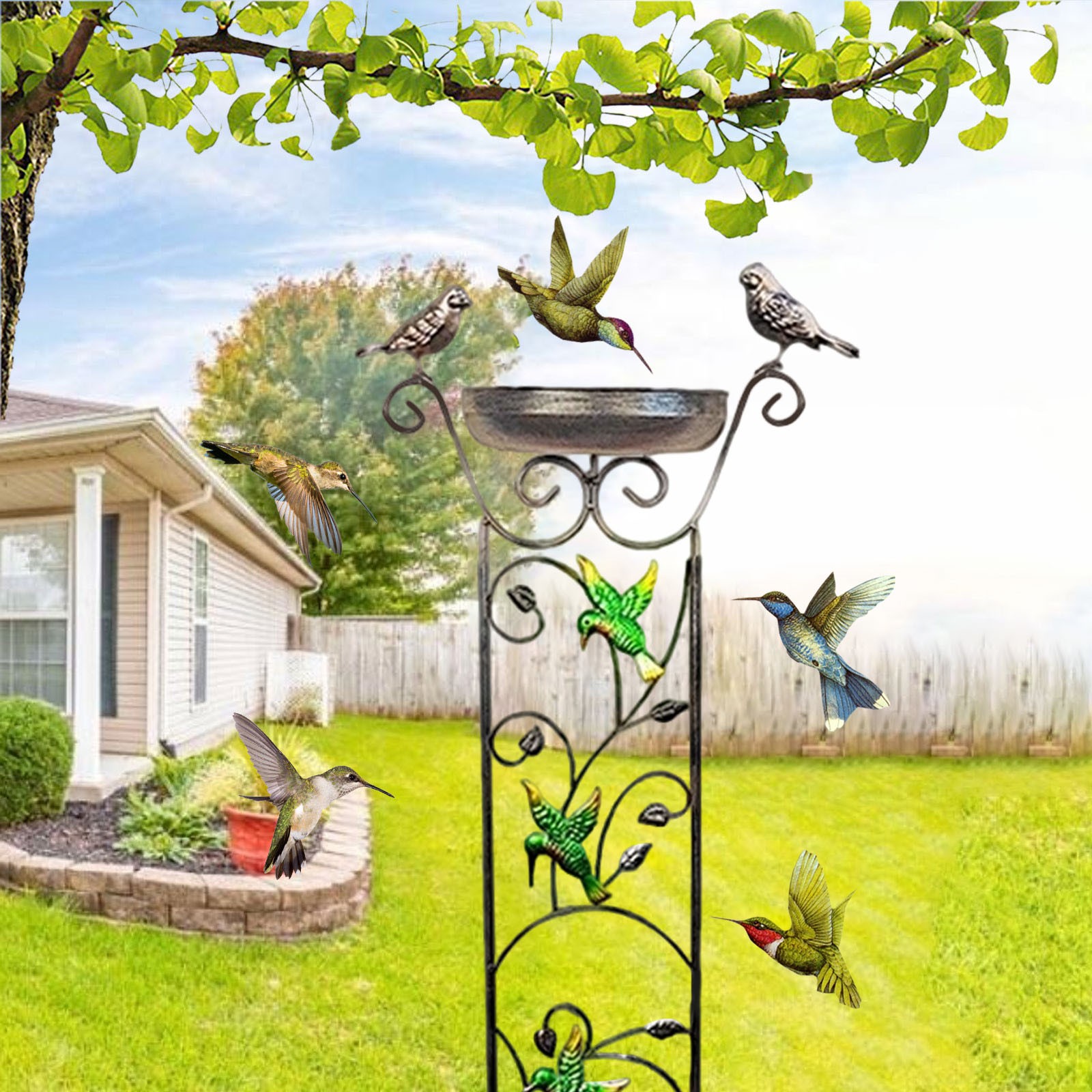 Standing Bird Bath 105 x 37 cm Bird Bath Garden Metal with Ground Spike ...