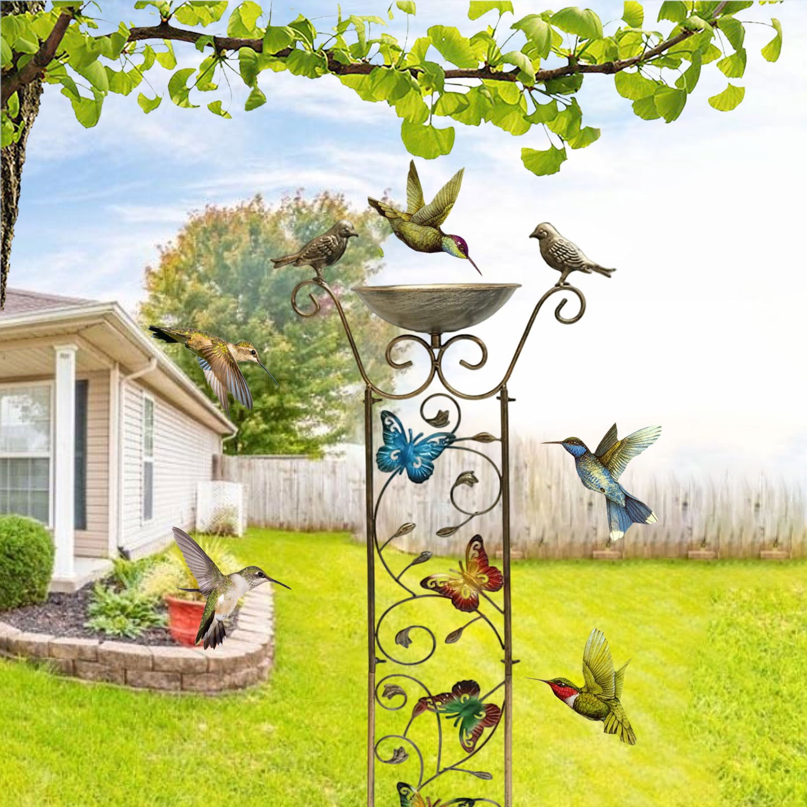Standing Bird Bath 105 x 37 cm Bird Bath Garden Metal with Ground Spike ...