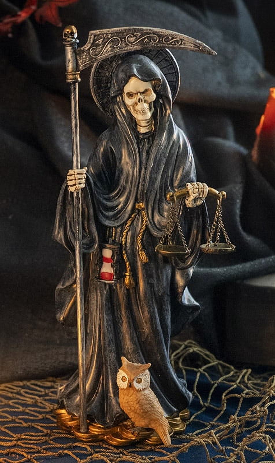 Standing Black Santa Muerte With Scythe Scales of Justice And Wise Owl ...