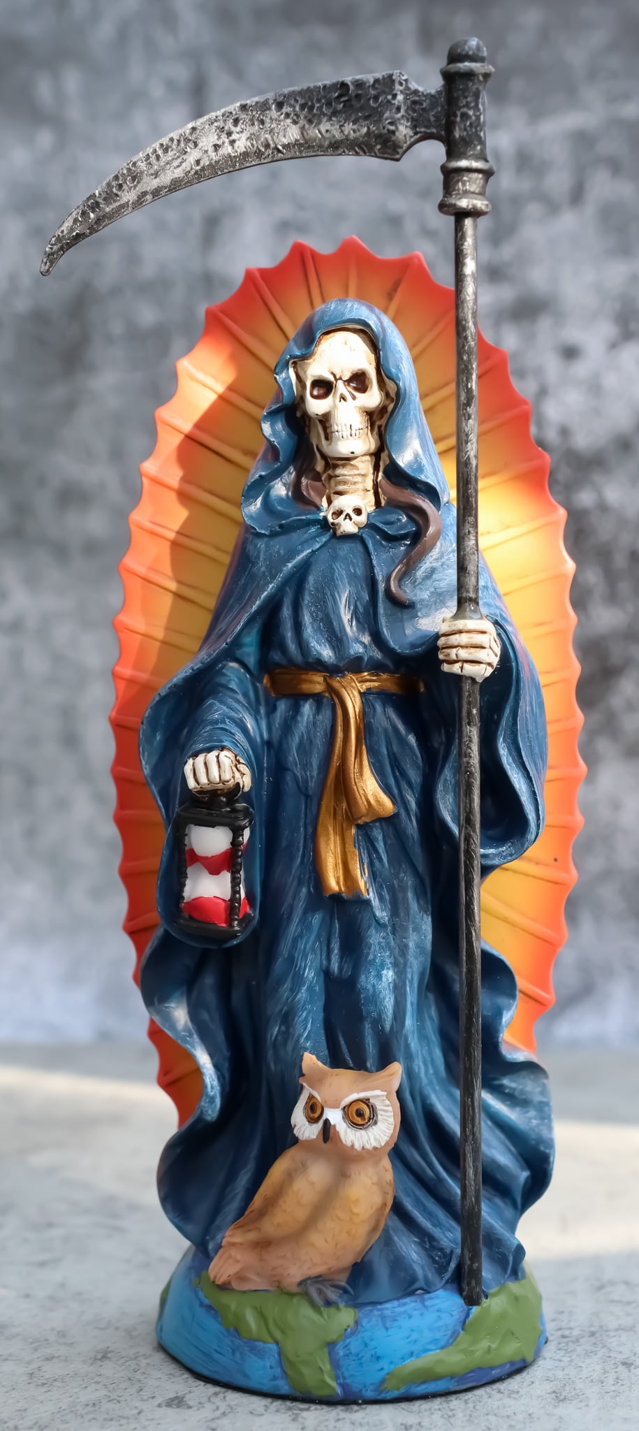 Standing Blue Santa Muerte Skeleton With Scythe Hourglass And Wise Owl ...