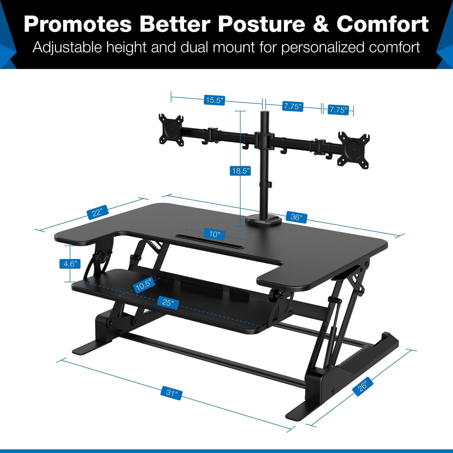 Standing Desk Converter Dual Monitor, Height Adjustable Gas Spring ...