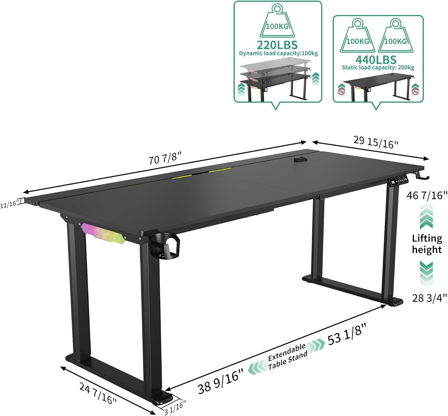 Standing Desk with Dual Motors, Adjustable Height, LED Lighting, and ...