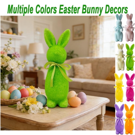 Standing Flocked Easter Bunny Figurine with Decorative Bow, Easter ...