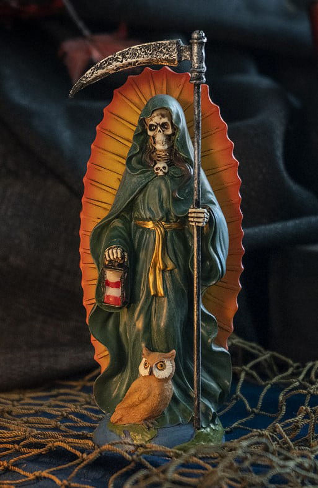 Standing Green Santa Muerte Skeleton With Scythe Hourglass And Wise Owl ...