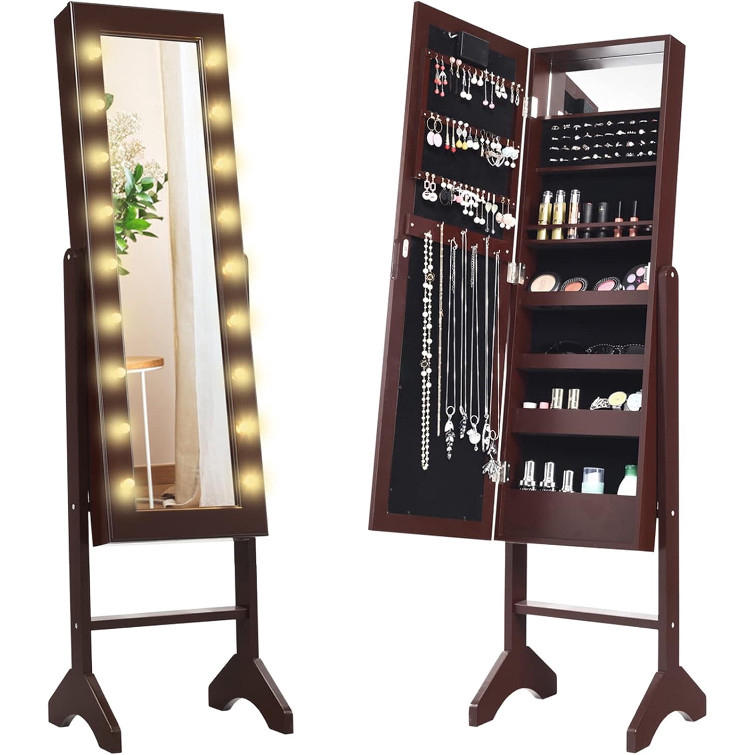 Standing Jewelry Armoire with 18 LED Lights Around the Door, Large ...