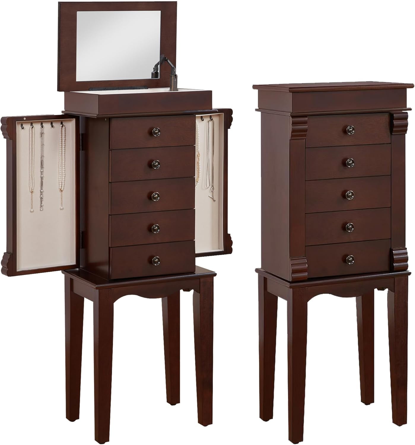 Standing Jewelry Armoire Cabinet Storage Chest with 5 Drawers, Top Divided Jewelry Organizer ...