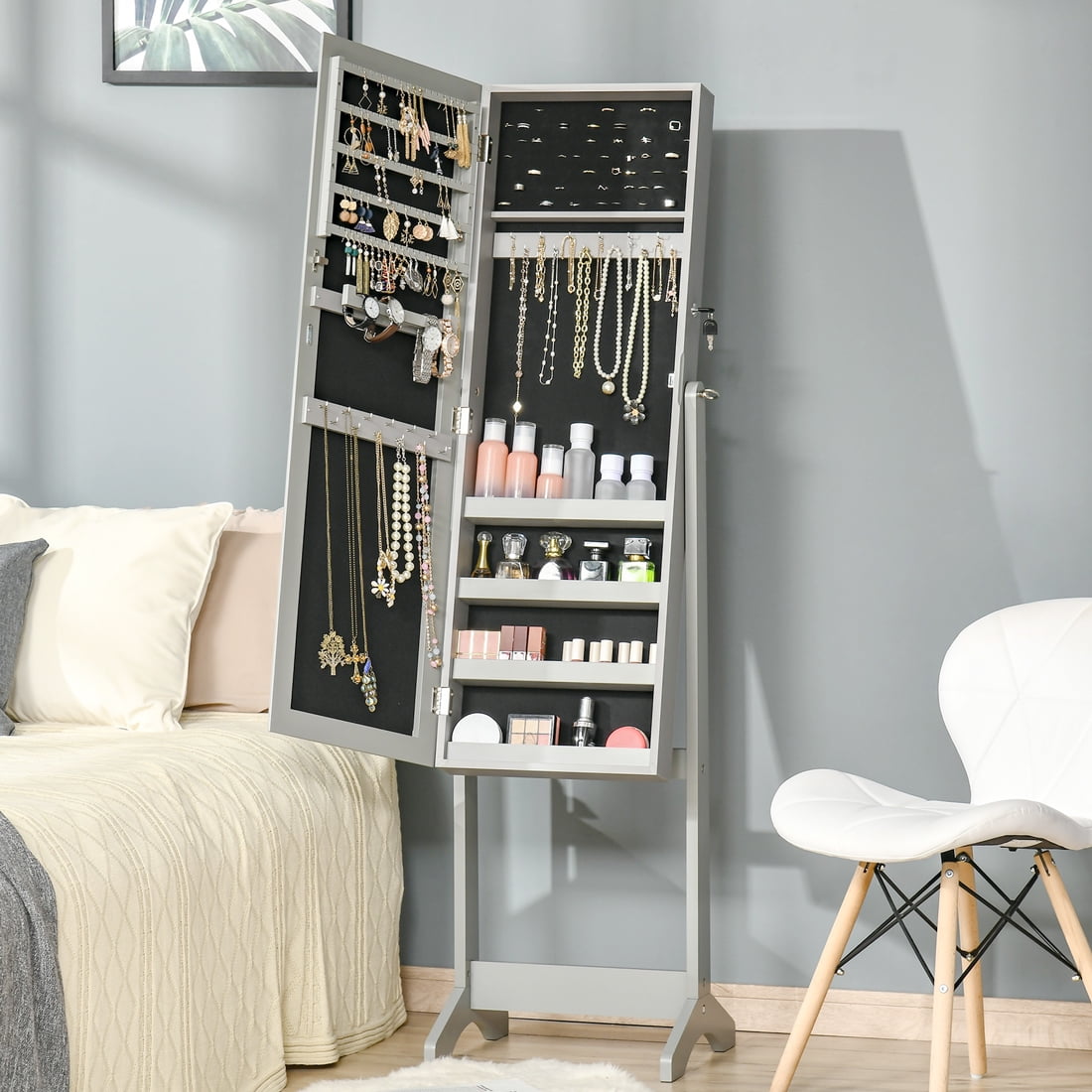 Standing Jewelry Armoire with Full-Length Mirror, Lockable Standing ...