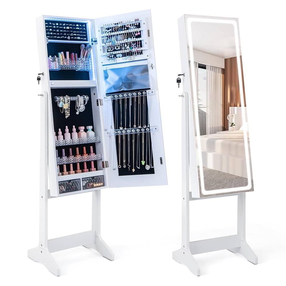 Standing Jewelry Armoire, Jewelry Cabinet w/ 3 Tilting Angles, Storage ...