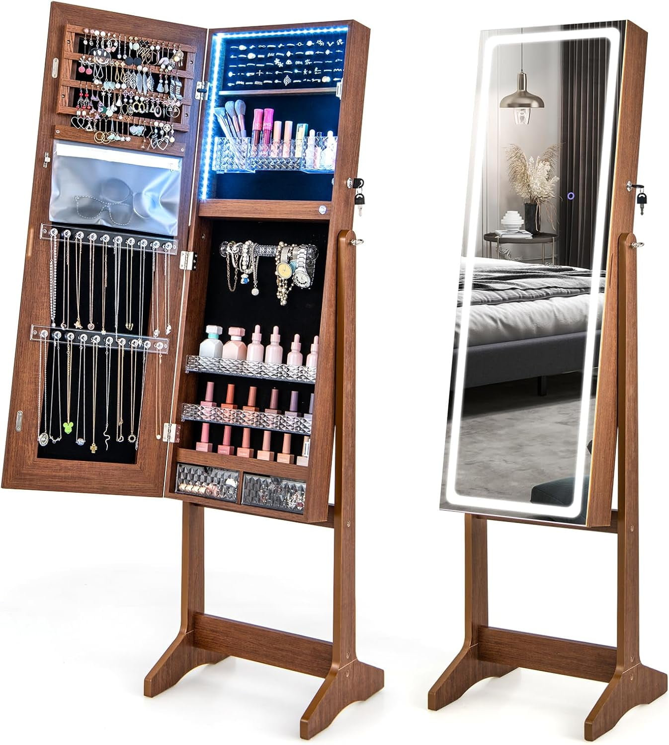 Standing Jewelry Cabinet with LED Lights Lockable Jewelry Armoire with ...