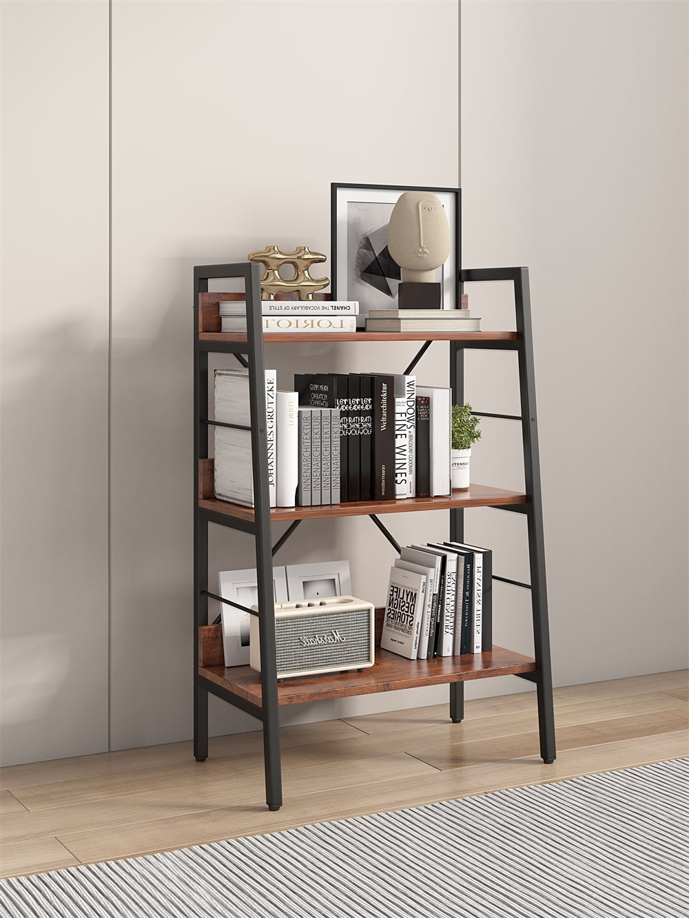 Standing Ladder Storage Shelf with Metal Frame, 3 Layer Stylish Metal ...