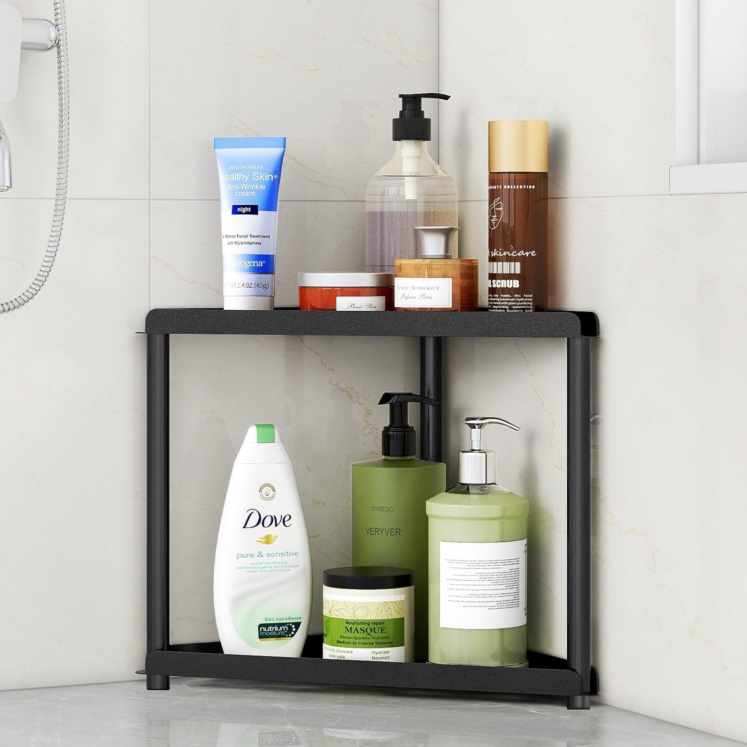 Standing Shower Caddy, 2 Tier Black Corner Shower Caddy Standing, Metal ...