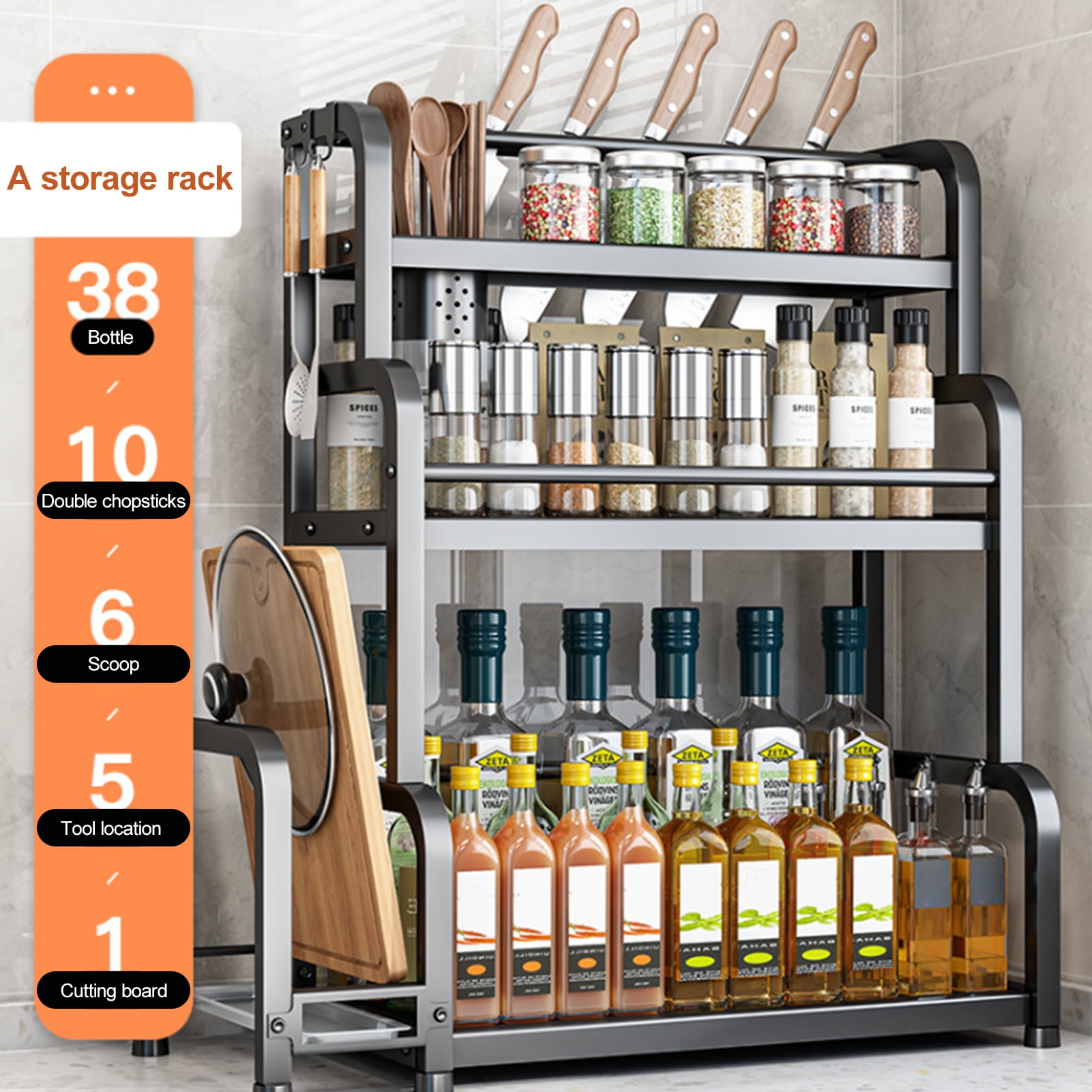 Standing Spice Rack, 3-Tier Kitchen Countertop Shelf with Stepped ...