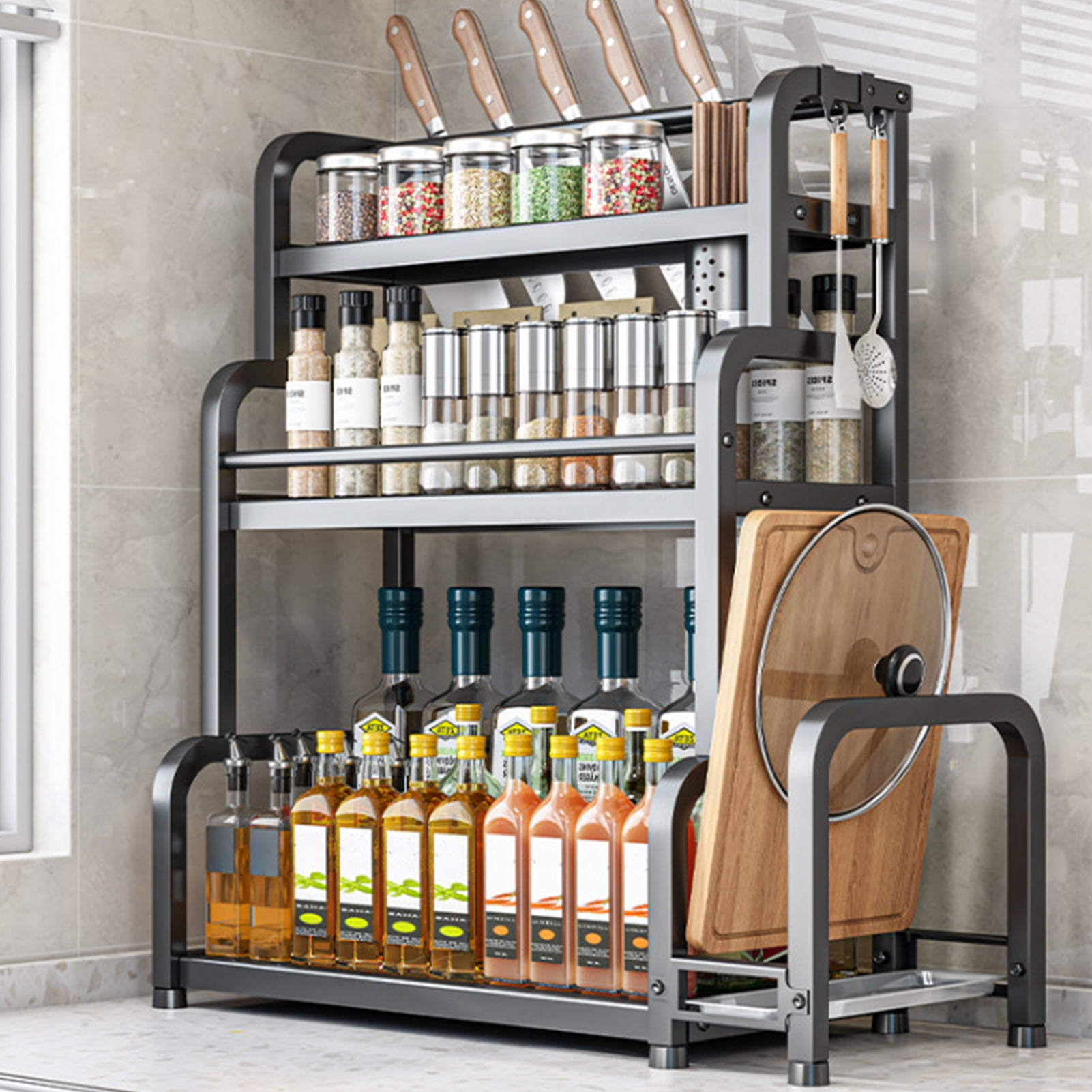 Standing Spice Rack, 3-Tier Kitchen Countertop Shelf with Stepped ...