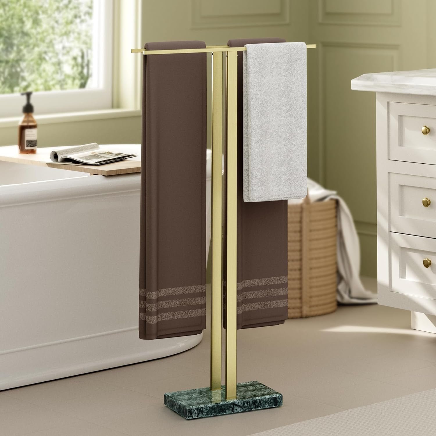 Standing Towel Rack with Green Natural Marble Base, 37" Equal-Height ...