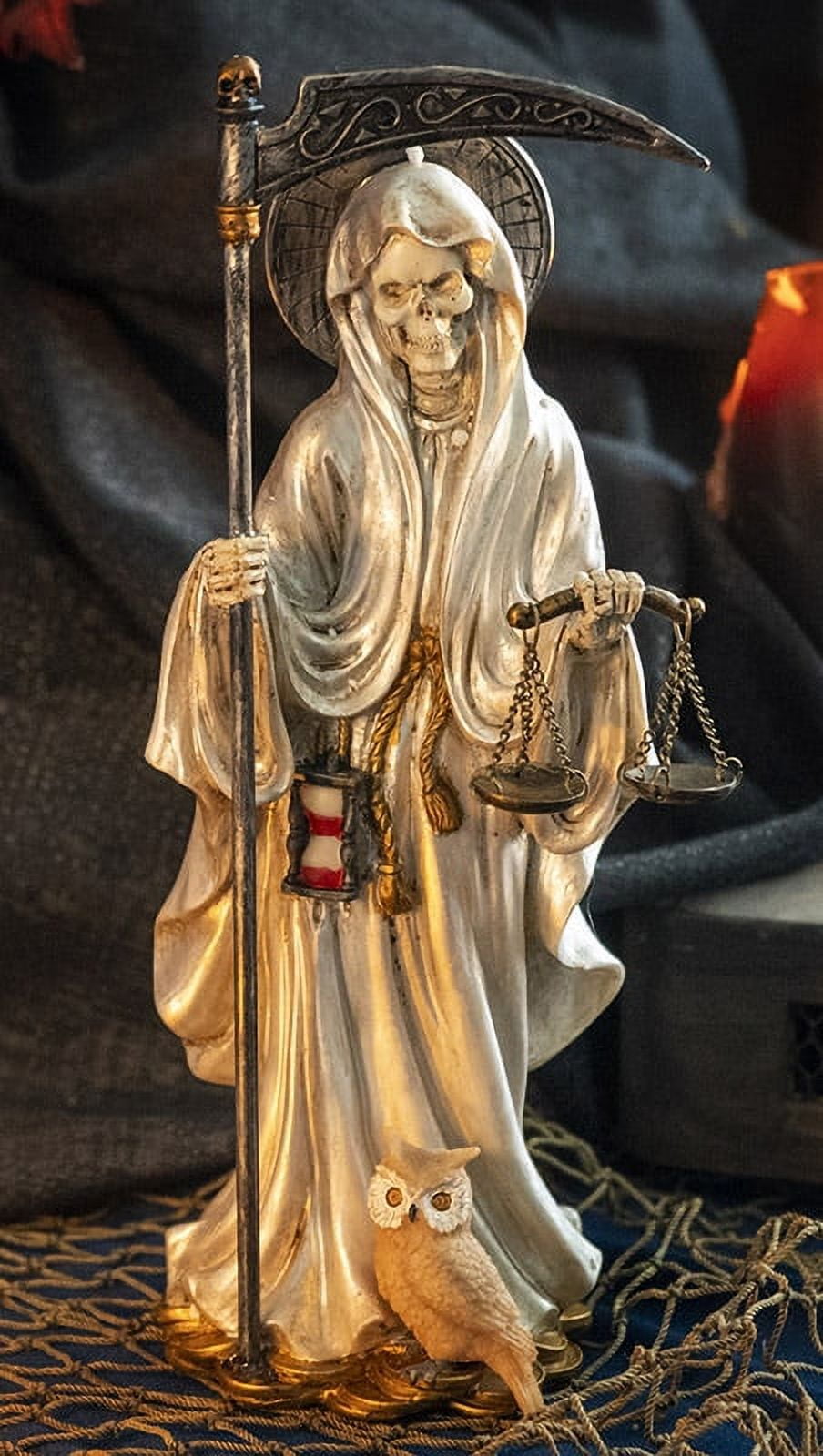 Standing White Santa Muerte With Scythe Scales of Justice And Wise Owl ...