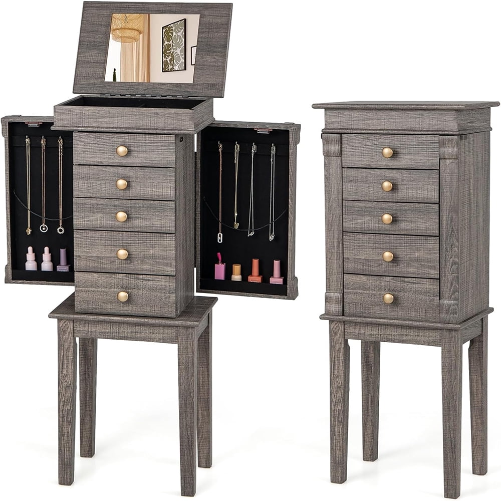 Standing Wood Jewelry Storage Chest, Jewelry Cabinet with 5 Drawers, 2 ...