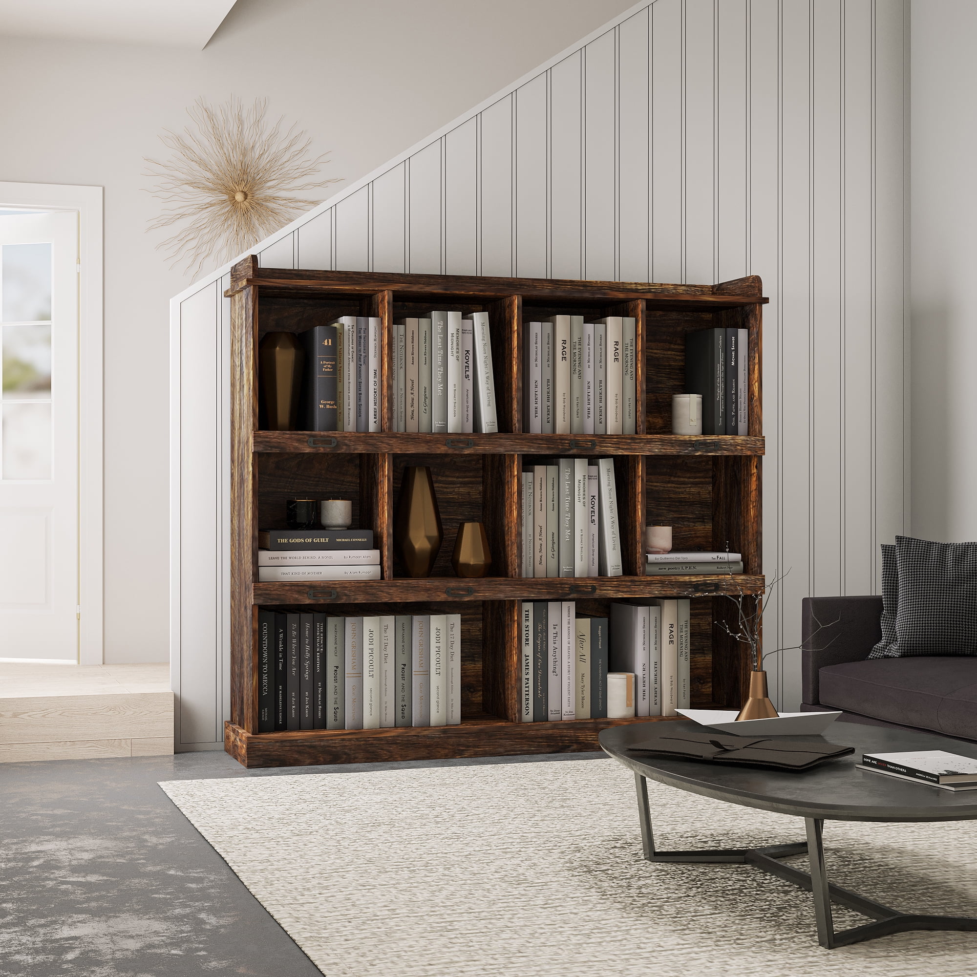 Standing bookshelf with 10 open compartments, wooden bookshelf storage ...