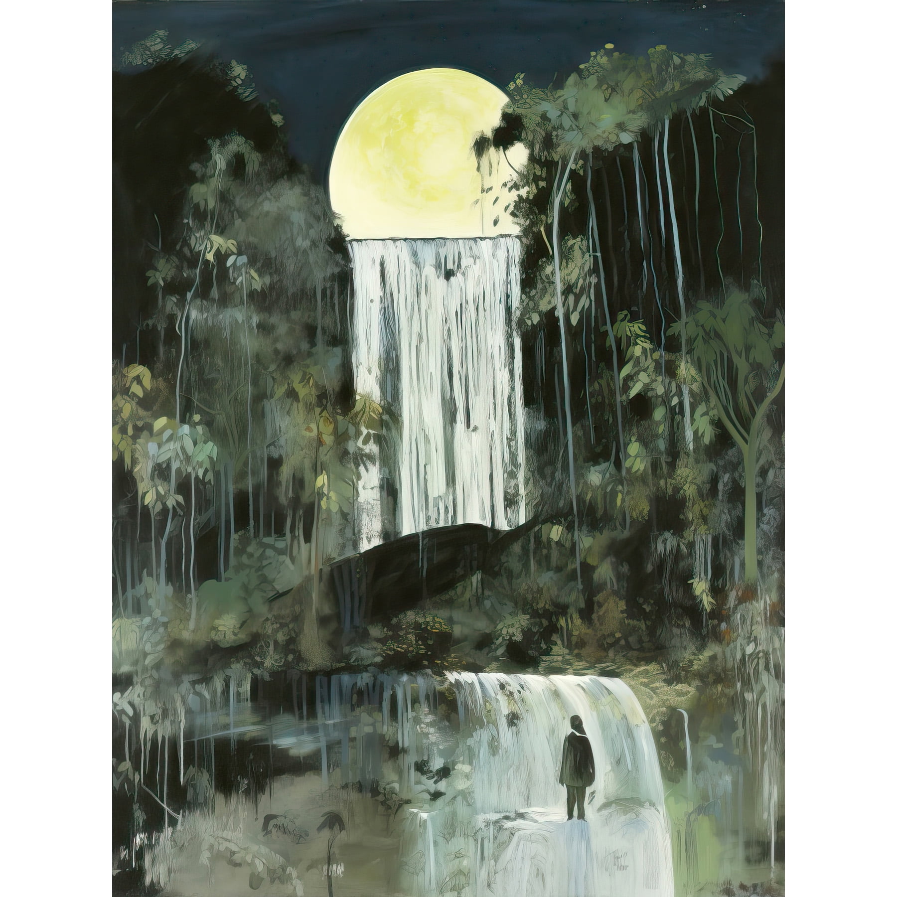 Standing on a Waterfall Under the Moonlight Extra Large XL Wall Art ...