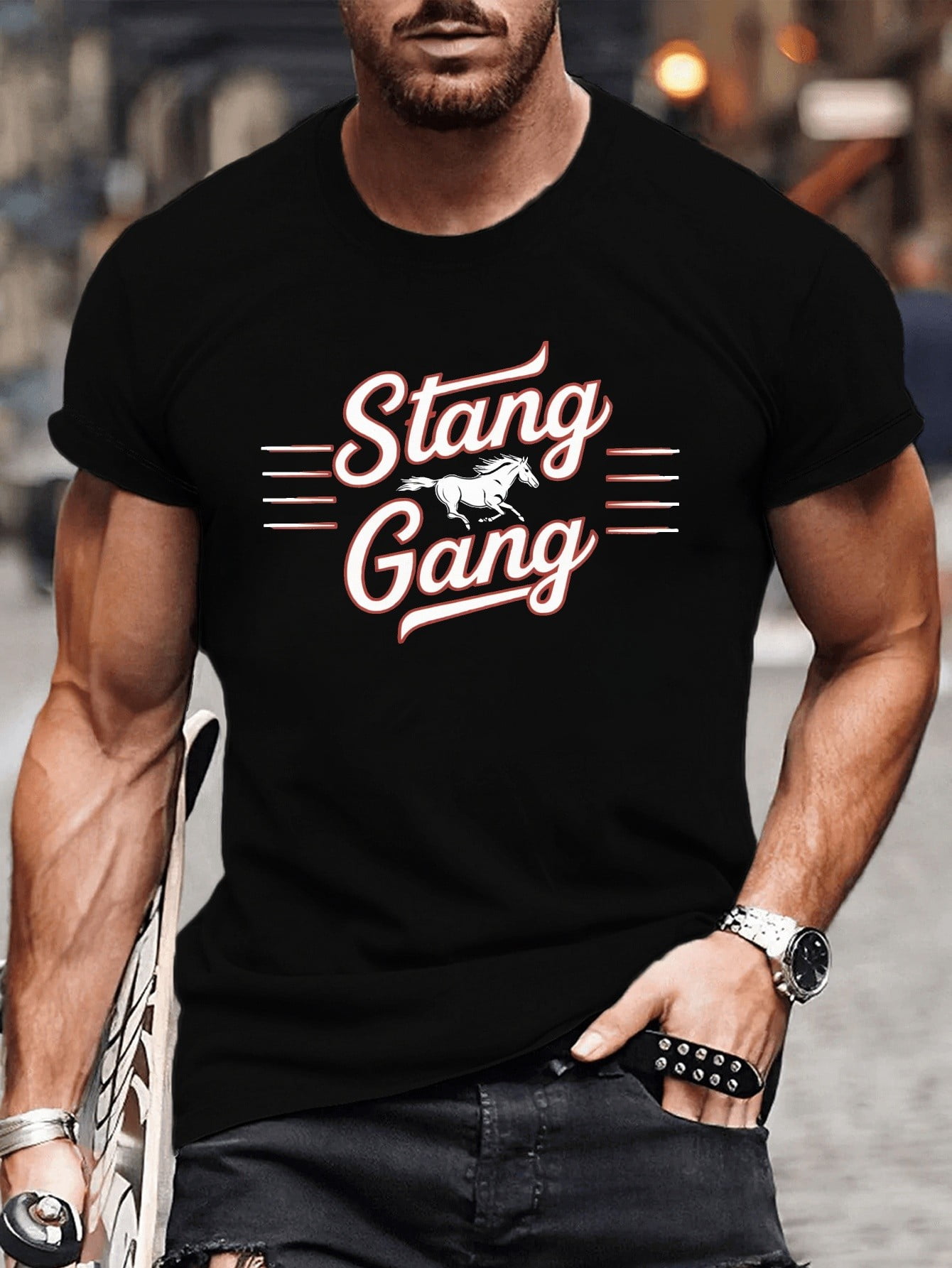Stang Gang with Horse Print Tee Shirt, Tees for Men, Casual Short ...