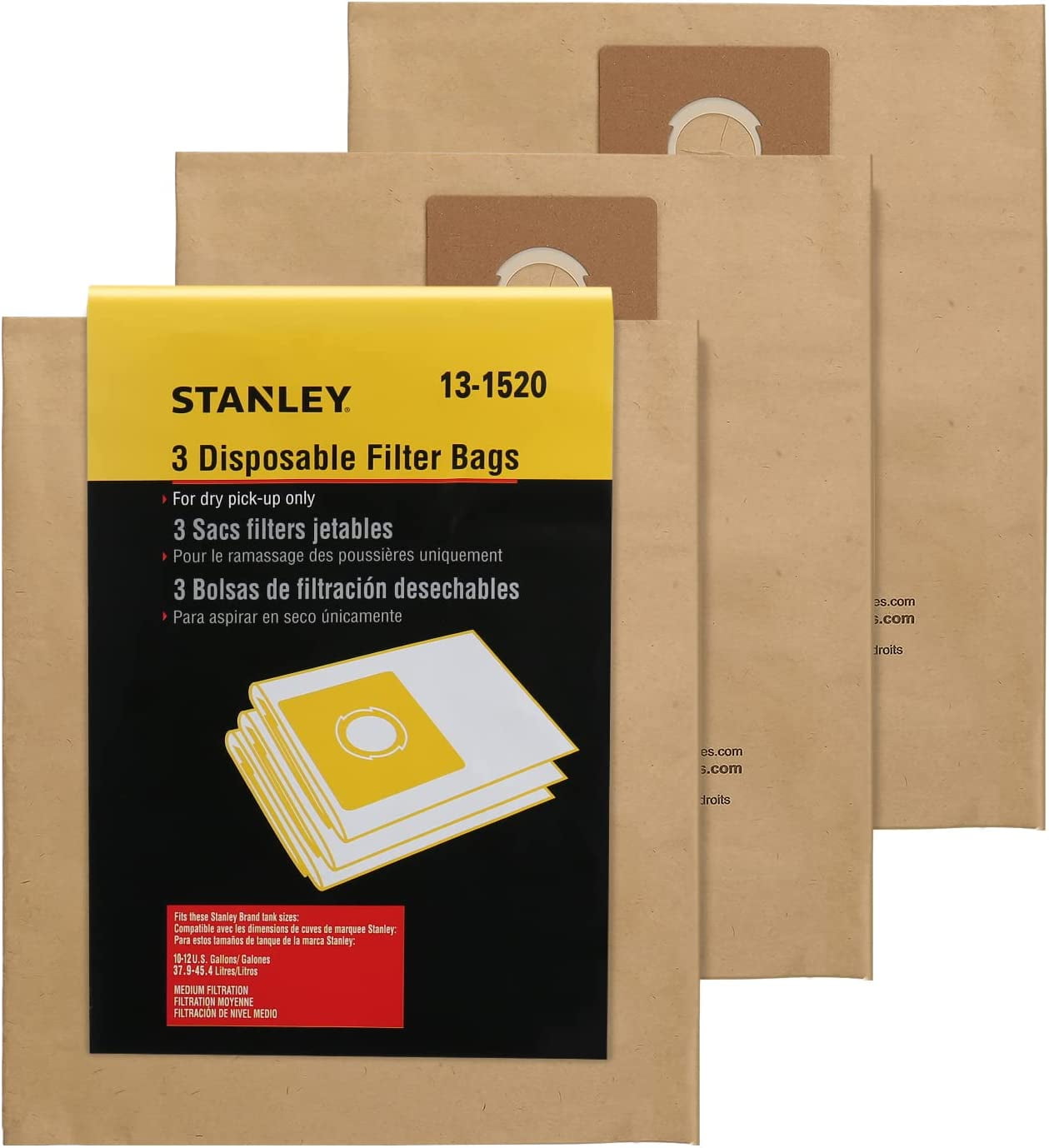 Stanley 13-1520, 3 Pack Disposable Vacuum Dust Filter Bag, Fit for 10 ...