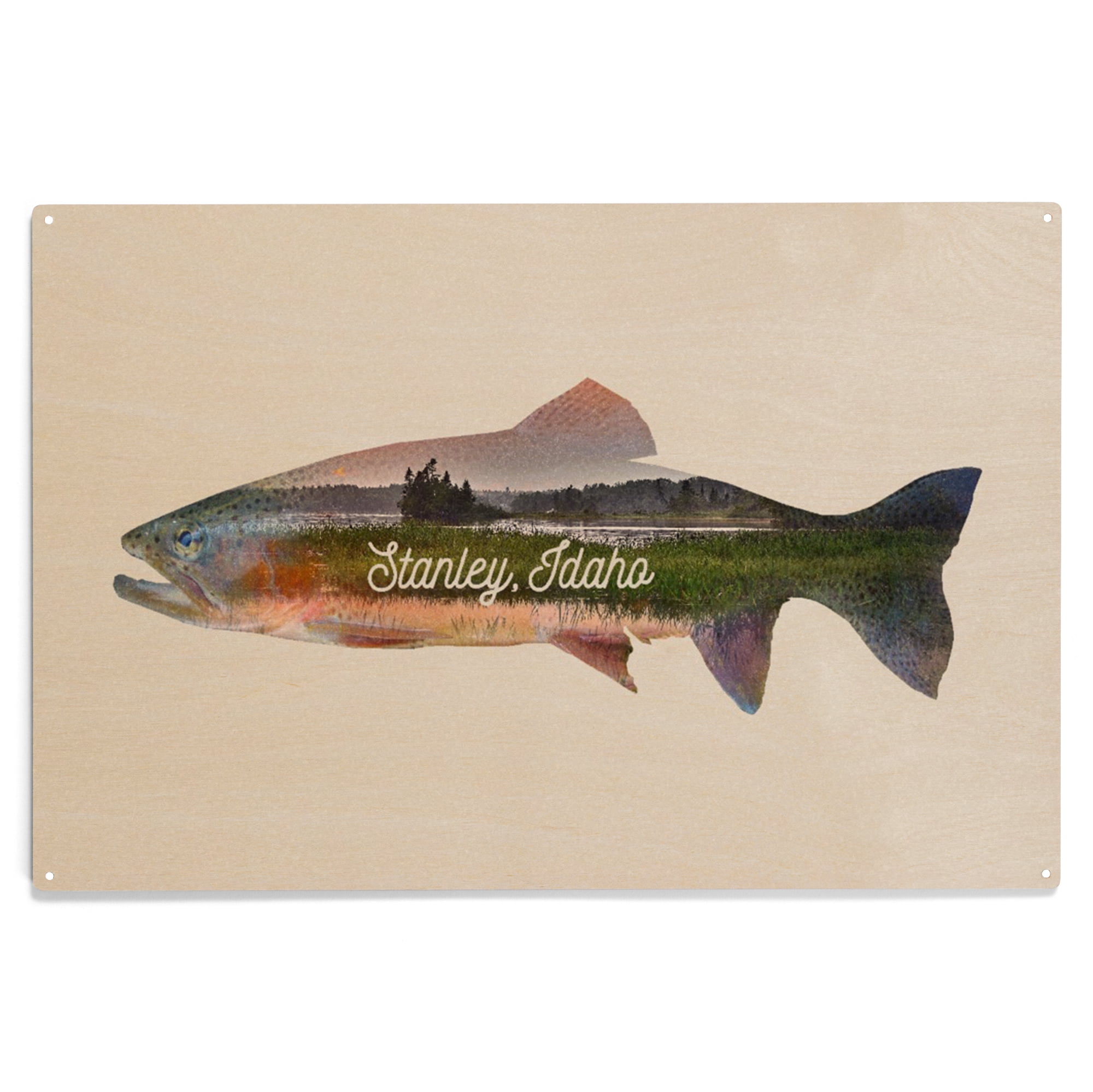 Stanley, Idaho, Double Exposure Trout, Contour Press Birch Wood Wall ...
