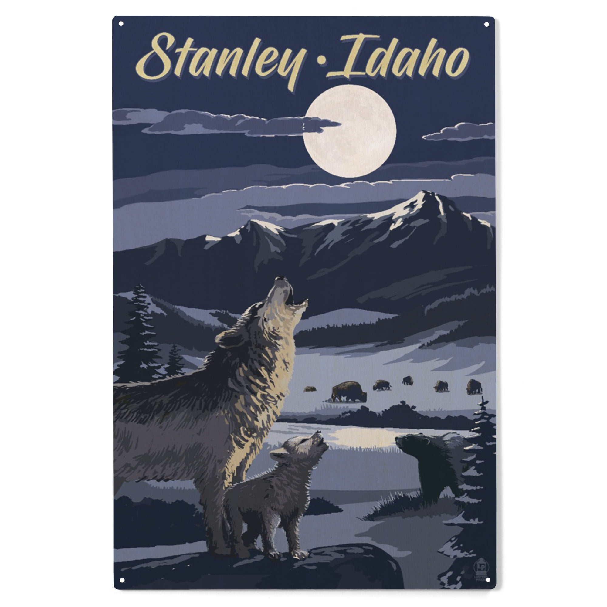 Stanley, Idaho, Wolves and Full Moon Birch Wood Wall Sign (10x15 Rustic ...