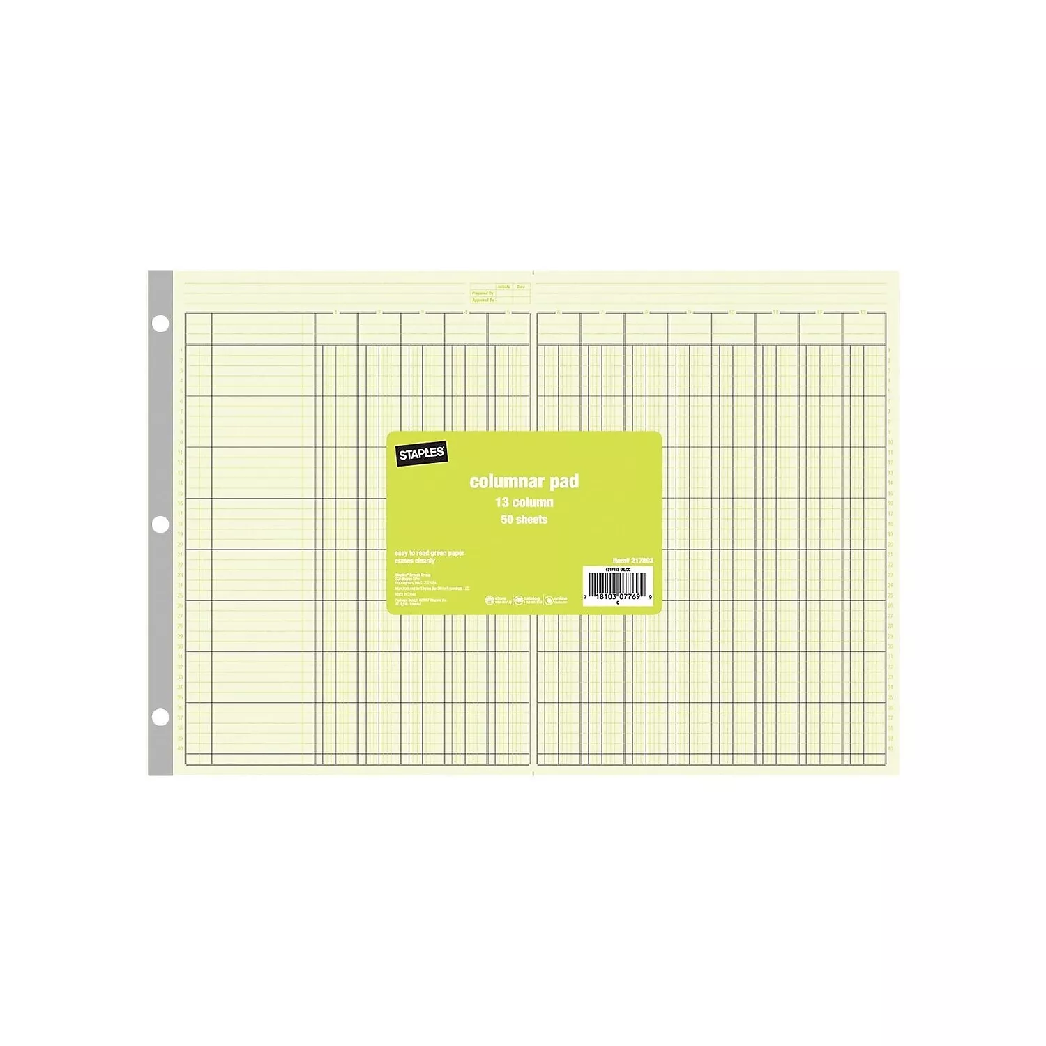 Staples 13 Columns Columnar Book 16.31"W x 11"H Green (ST18868) - Walmart.com