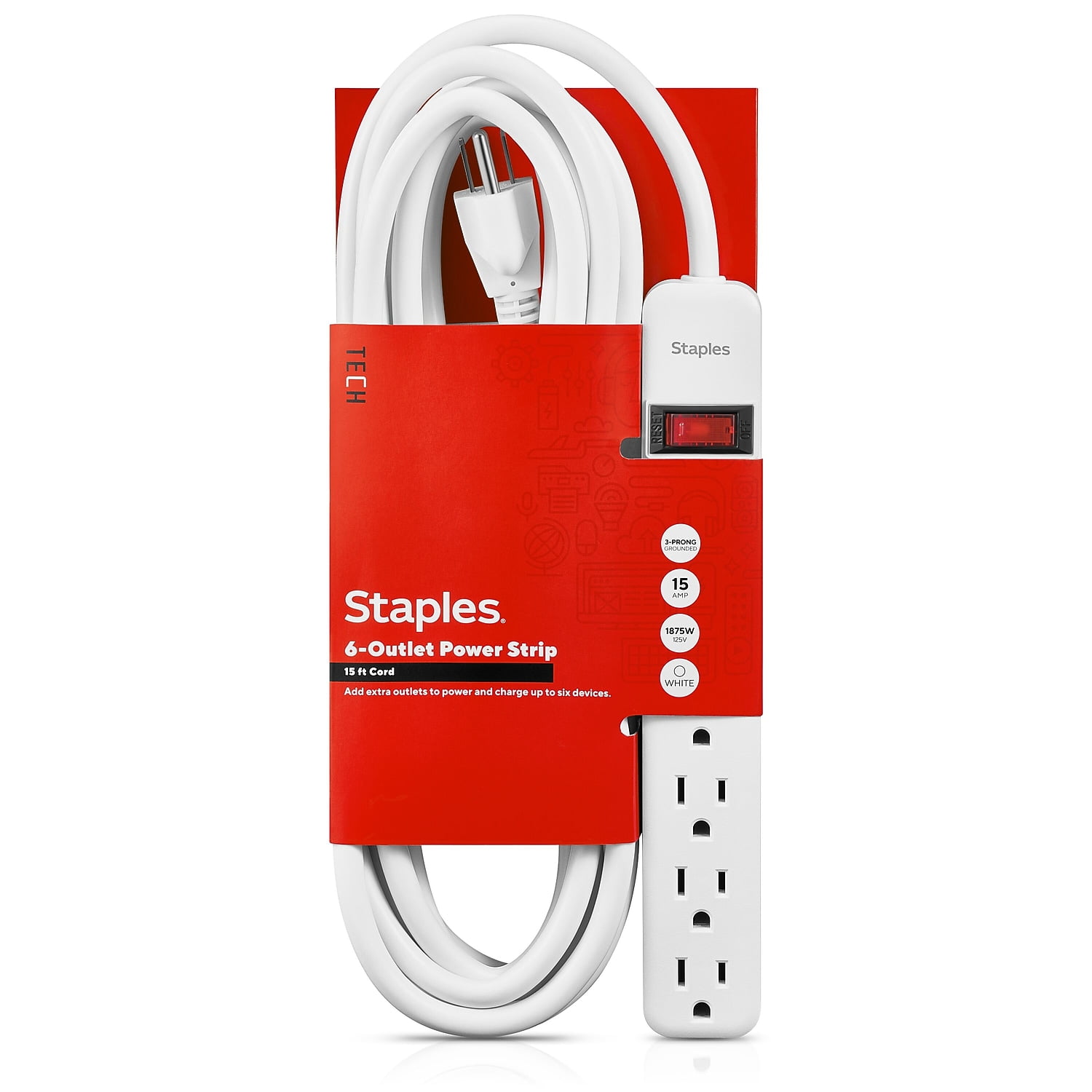 Staples 15' Long Cord 6-Outlet Power Strip, Indoor Electrical Extension ...